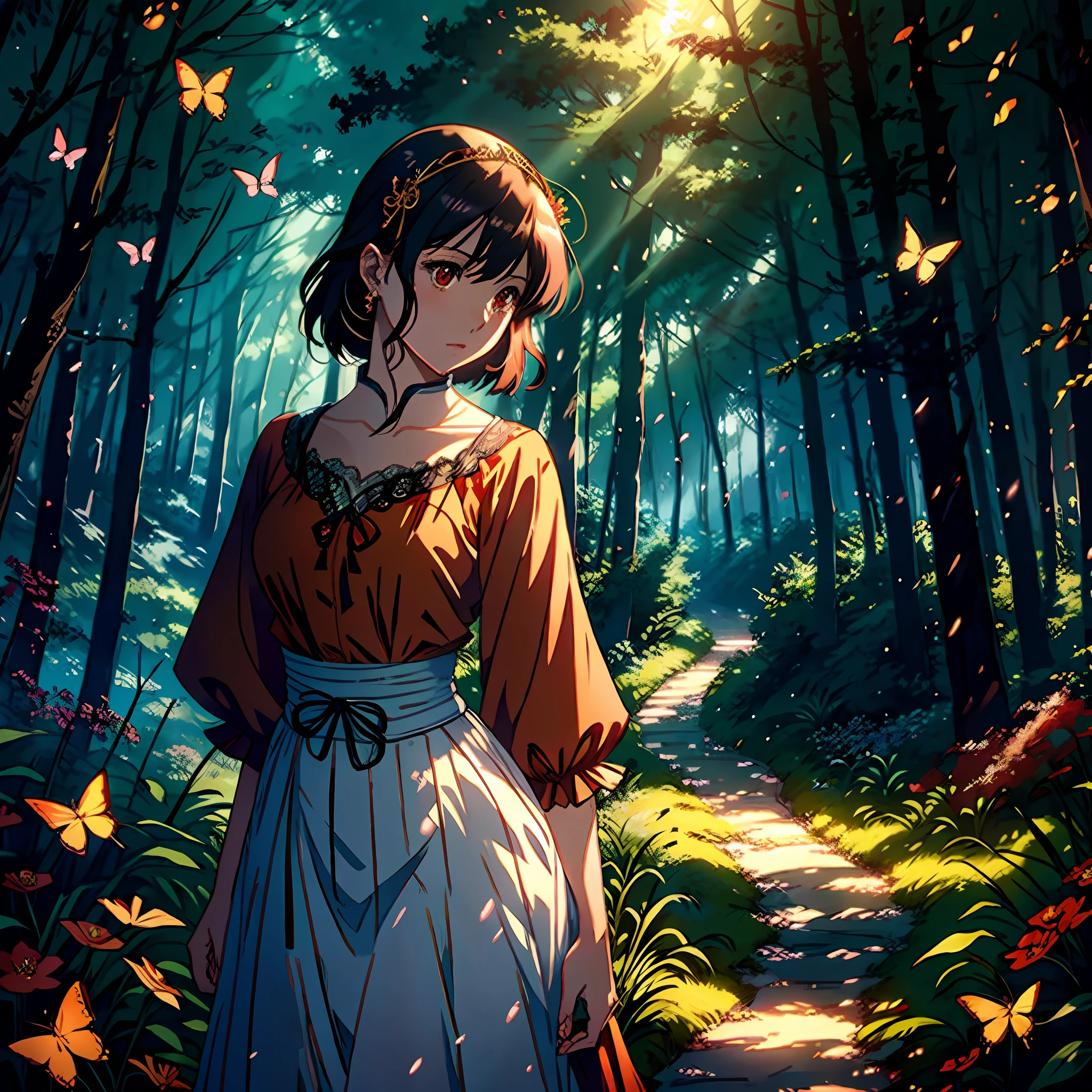 Anime girl in a forest with butterflies - SeaArt AI