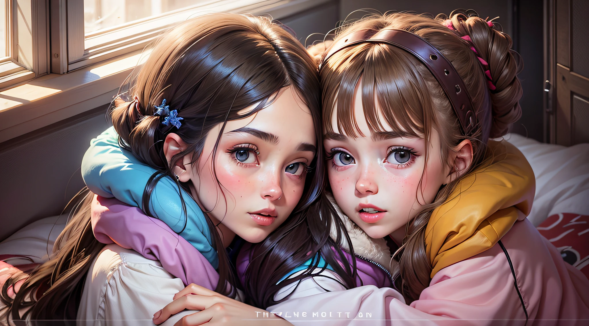 Two young girls hugging each other in a bedroom - SeaArt AI