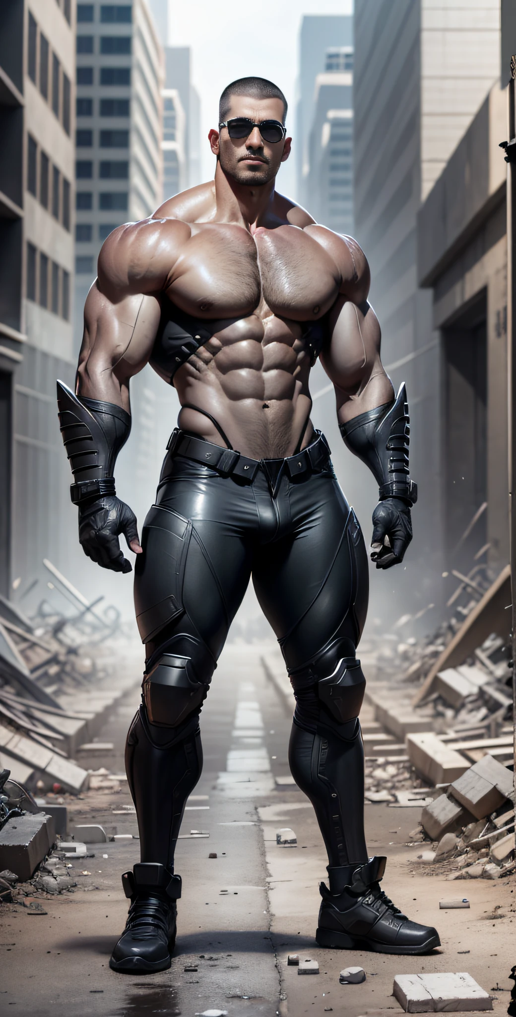 A close up of a man in a black leather outfit posing for a picture ...