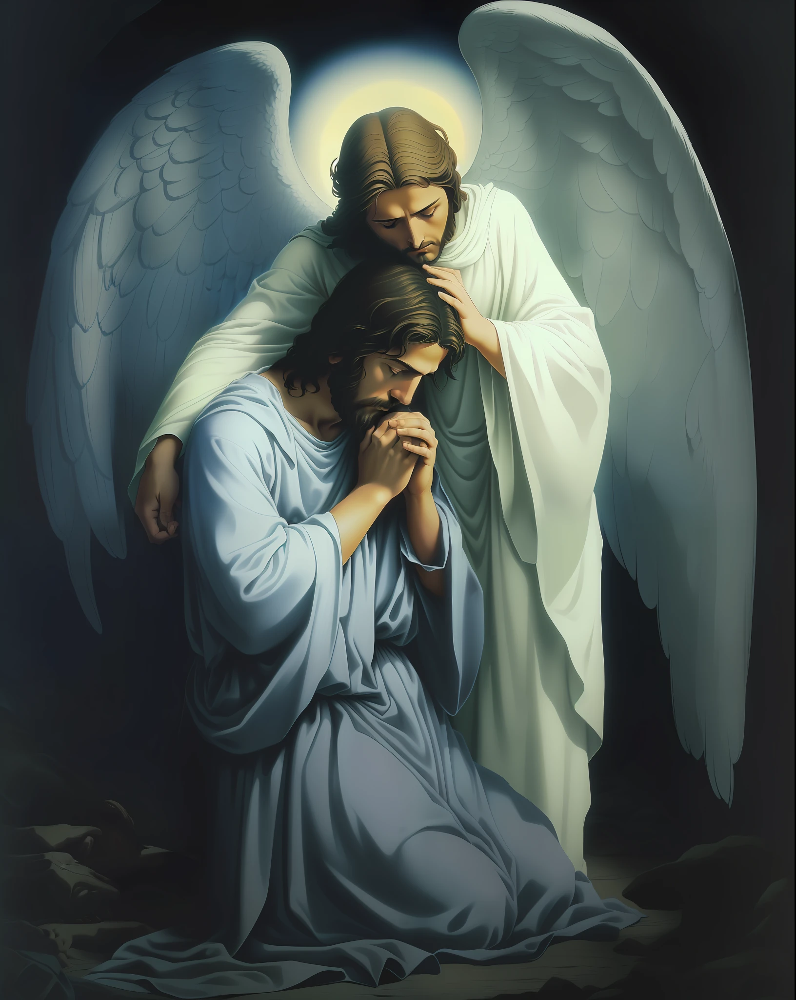 A painting of jesus and an angel sitting on the ground - SeaArt AI