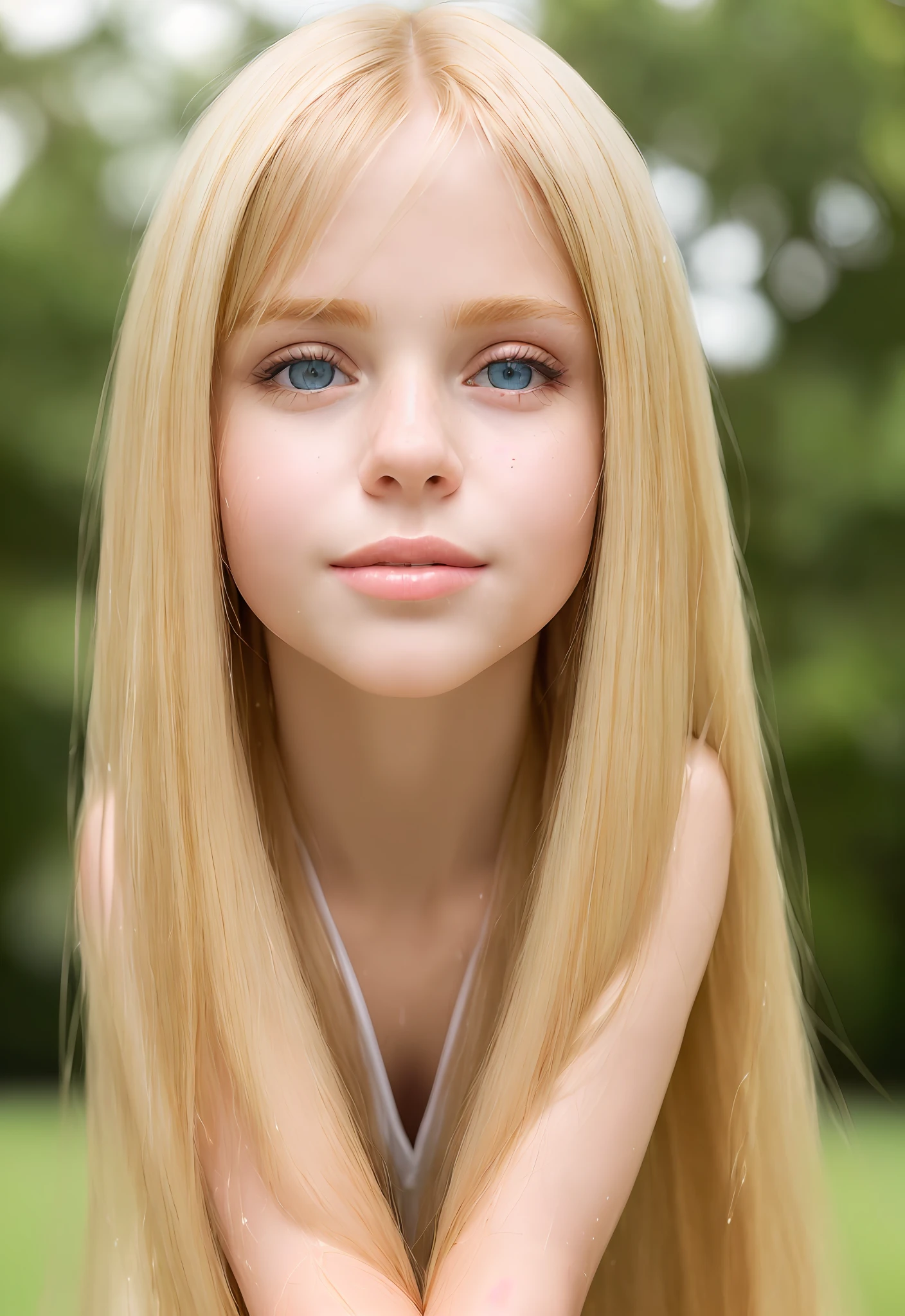 Blond haired girl with blue eyes and long blond hair posing for a picture - SeaArt AI
