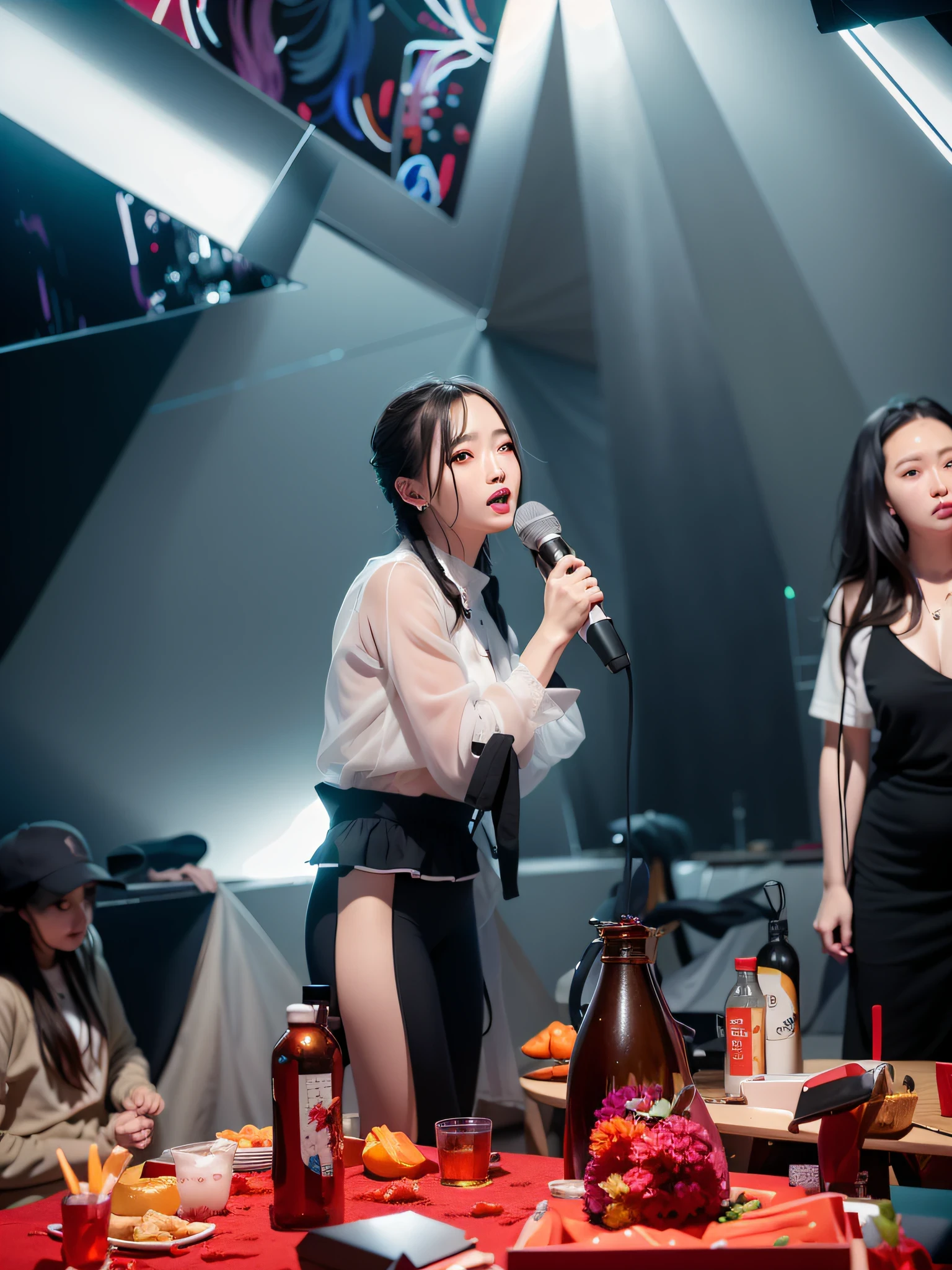 There are two women standing at a table with a microphone - SeaArt AI