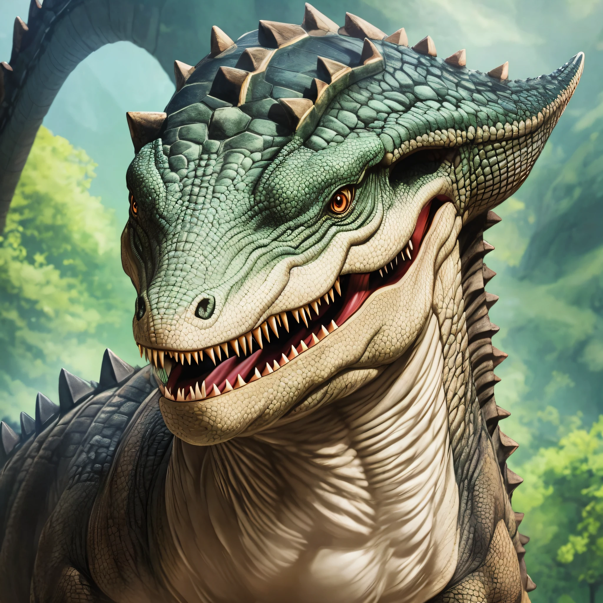 A close up of a dinosaur with a large mouth and sharp teeth - SeaArt AI