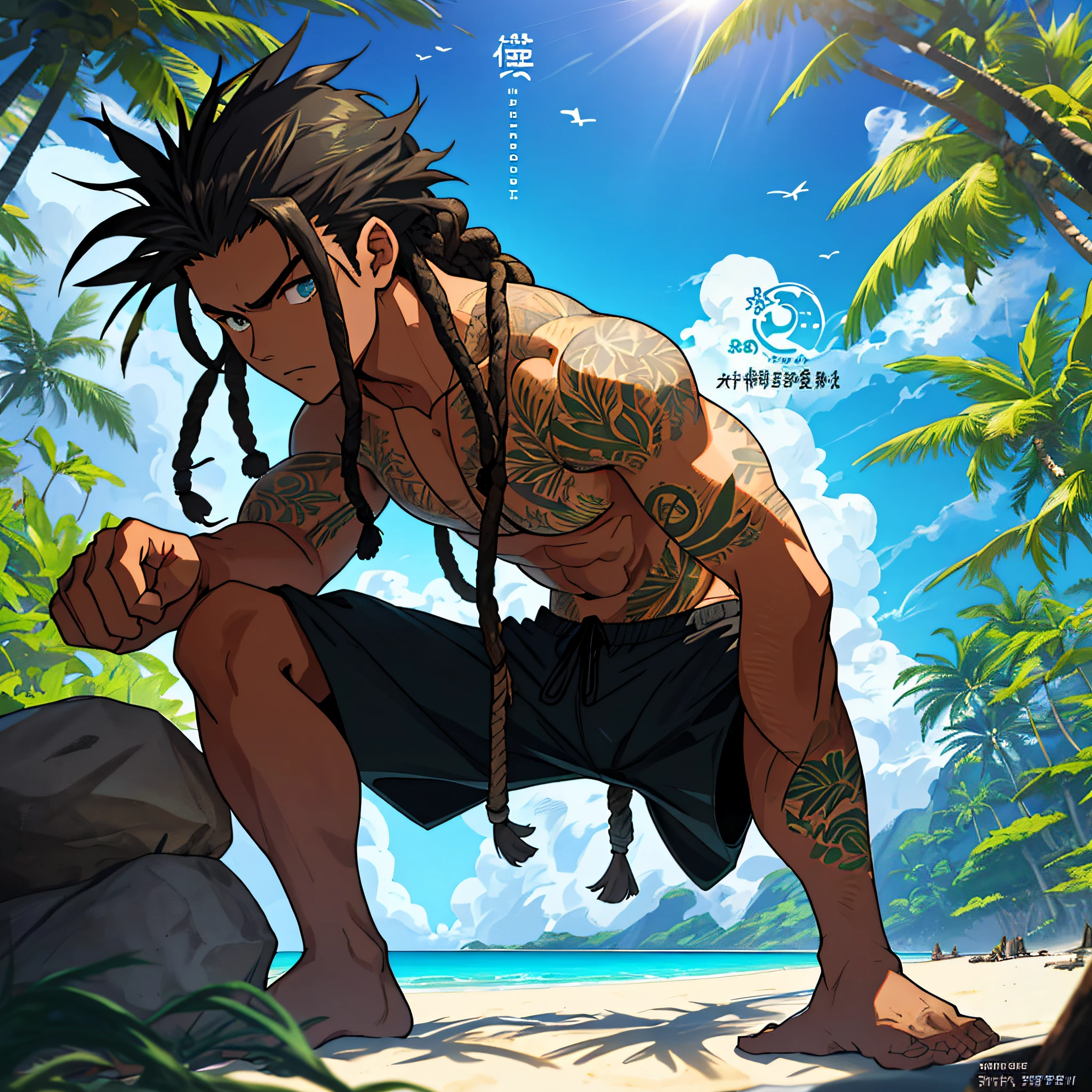 A man with dreadlocks and tattoos on his chest crouching down on a ...