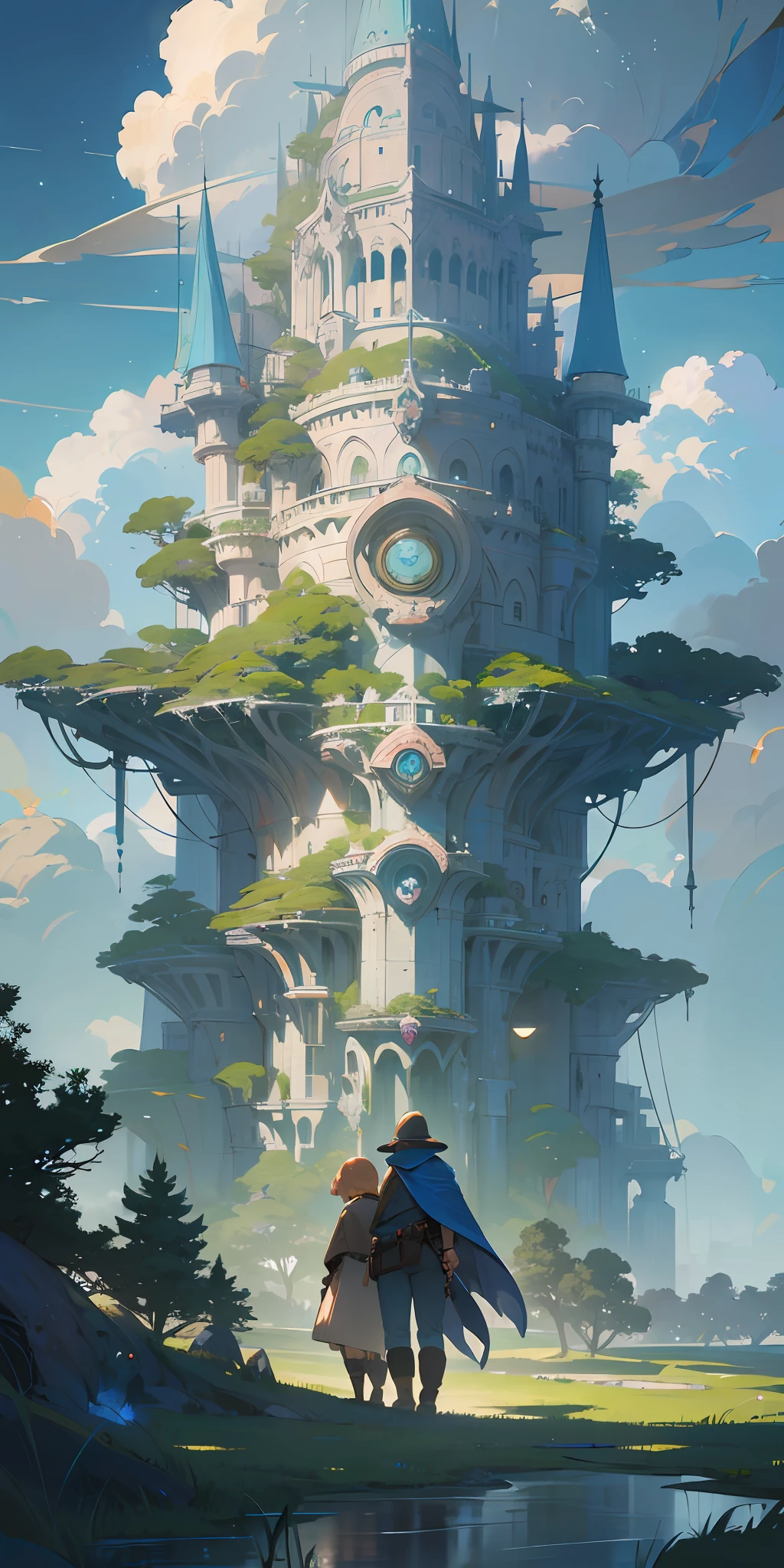 A painting of a castle with a tower in the background - SeaArt AI