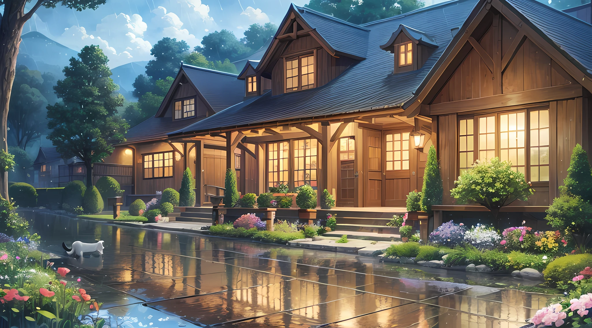 Anime house with a pond and a dog in the yard - SeaArt AI