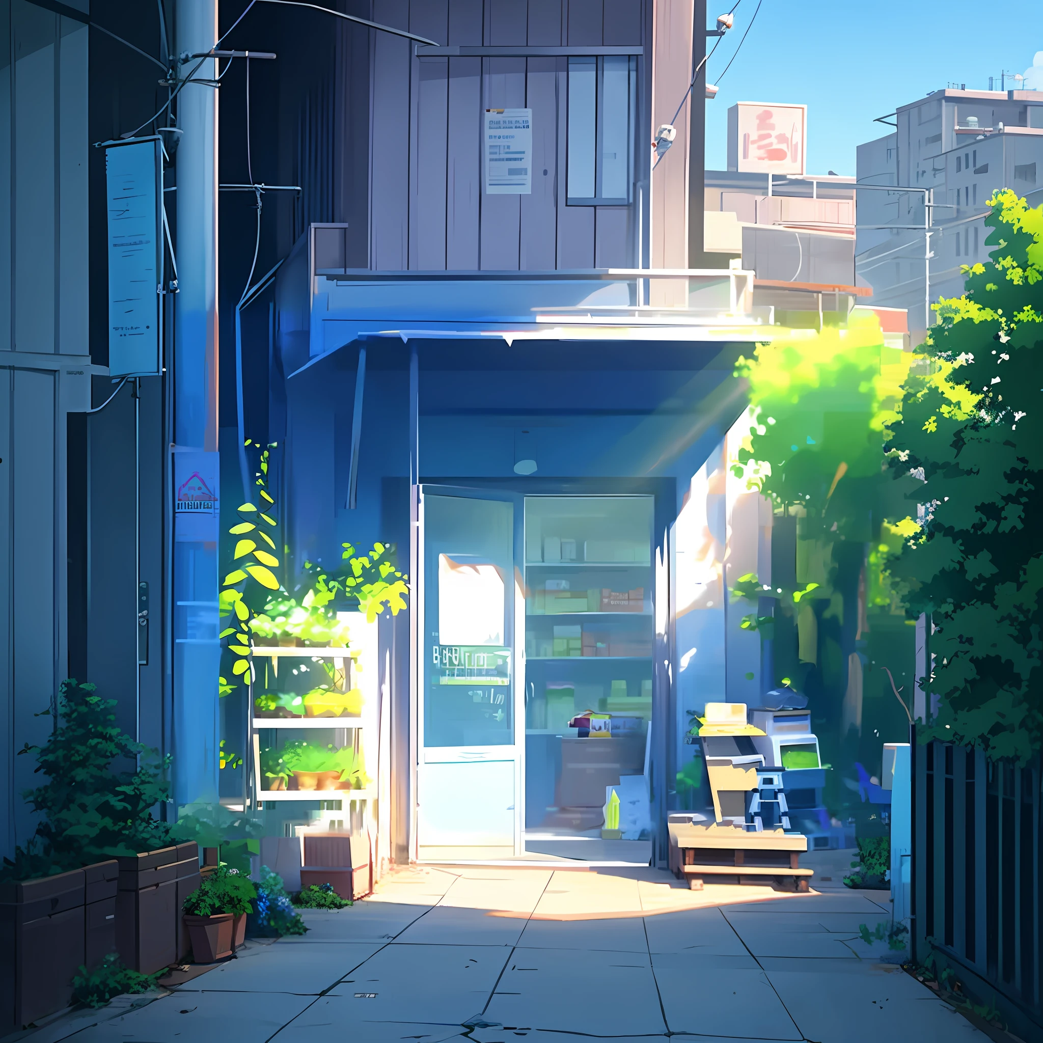 Anime scene of a small building with a bench and a tree - SeaArt AI