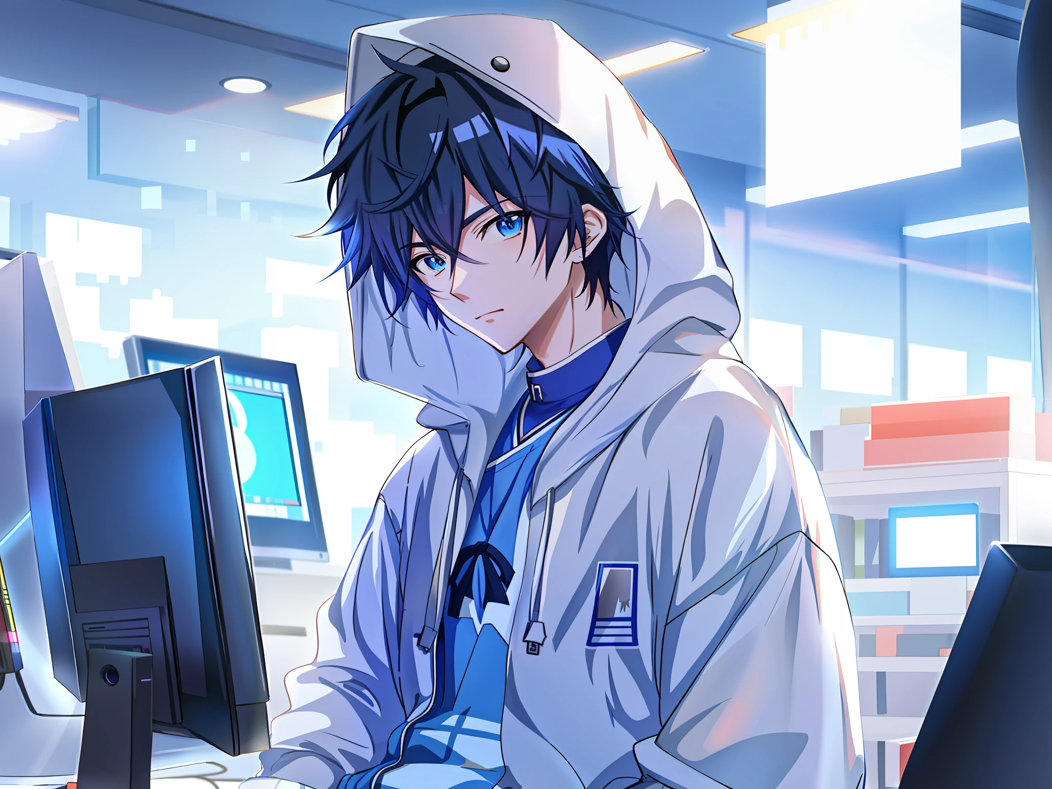 Anime character sitting in front of a computer monitor in a room ...