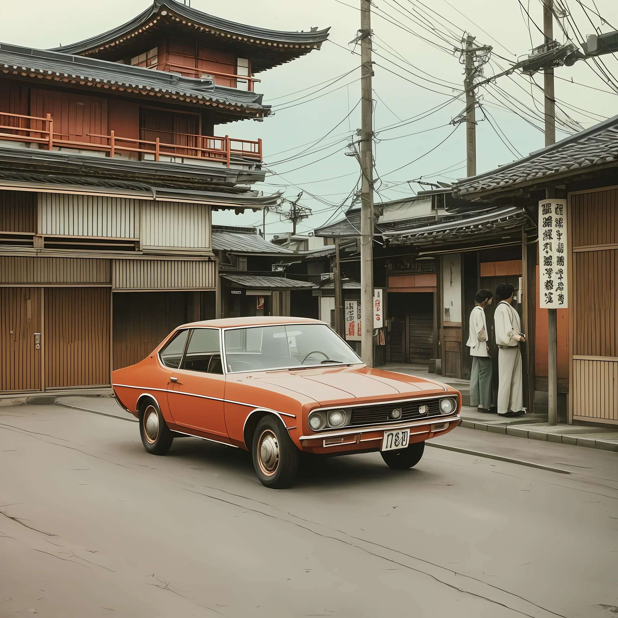 There is a car that is driving down the street in the old town - SeaArt AI