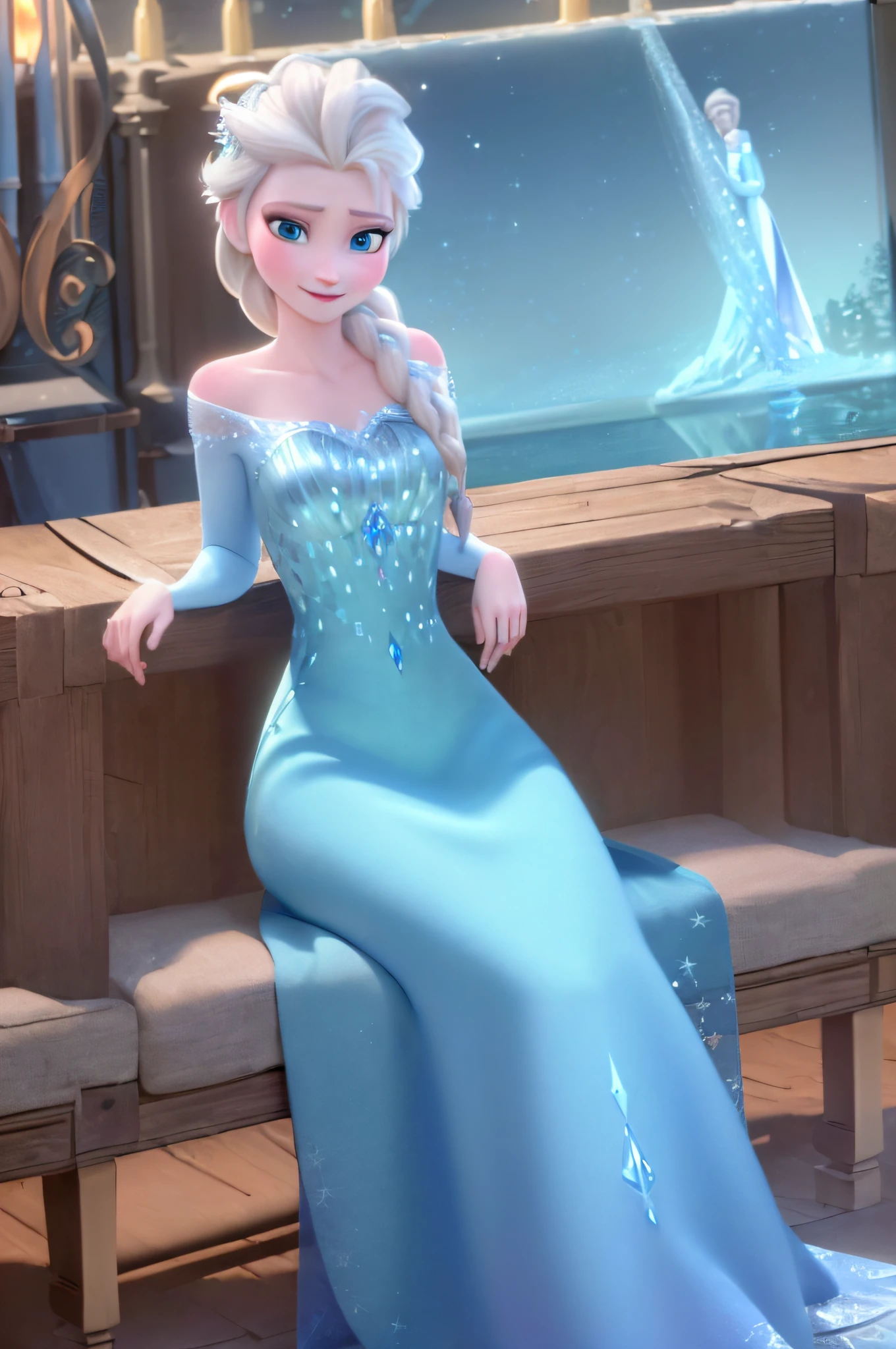 Disney's frozen princess elsa sitting on a bench in front of a mirror ...