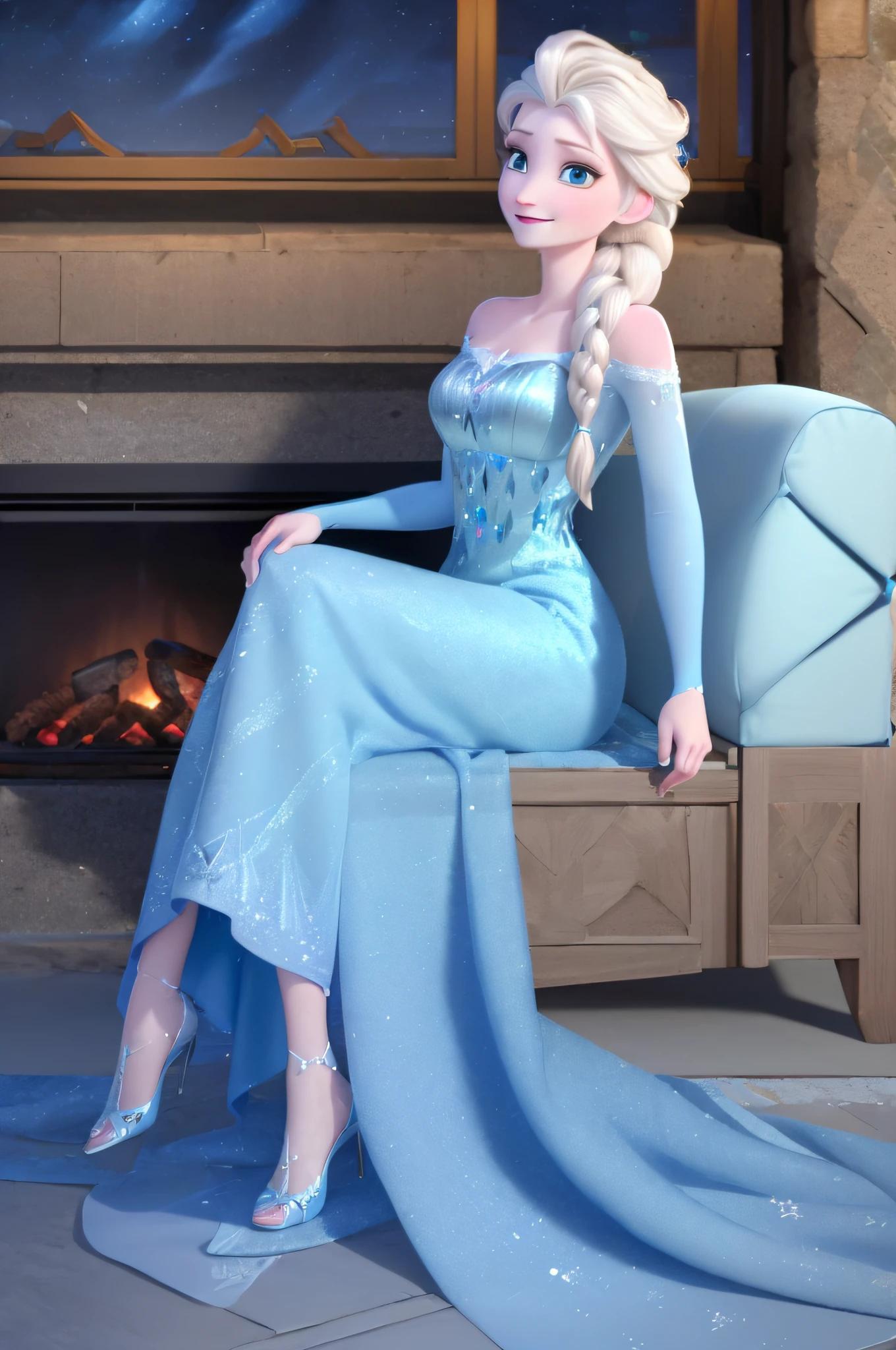 A close up of a woman in a blue dress sitting on a couch - SeaArt AI