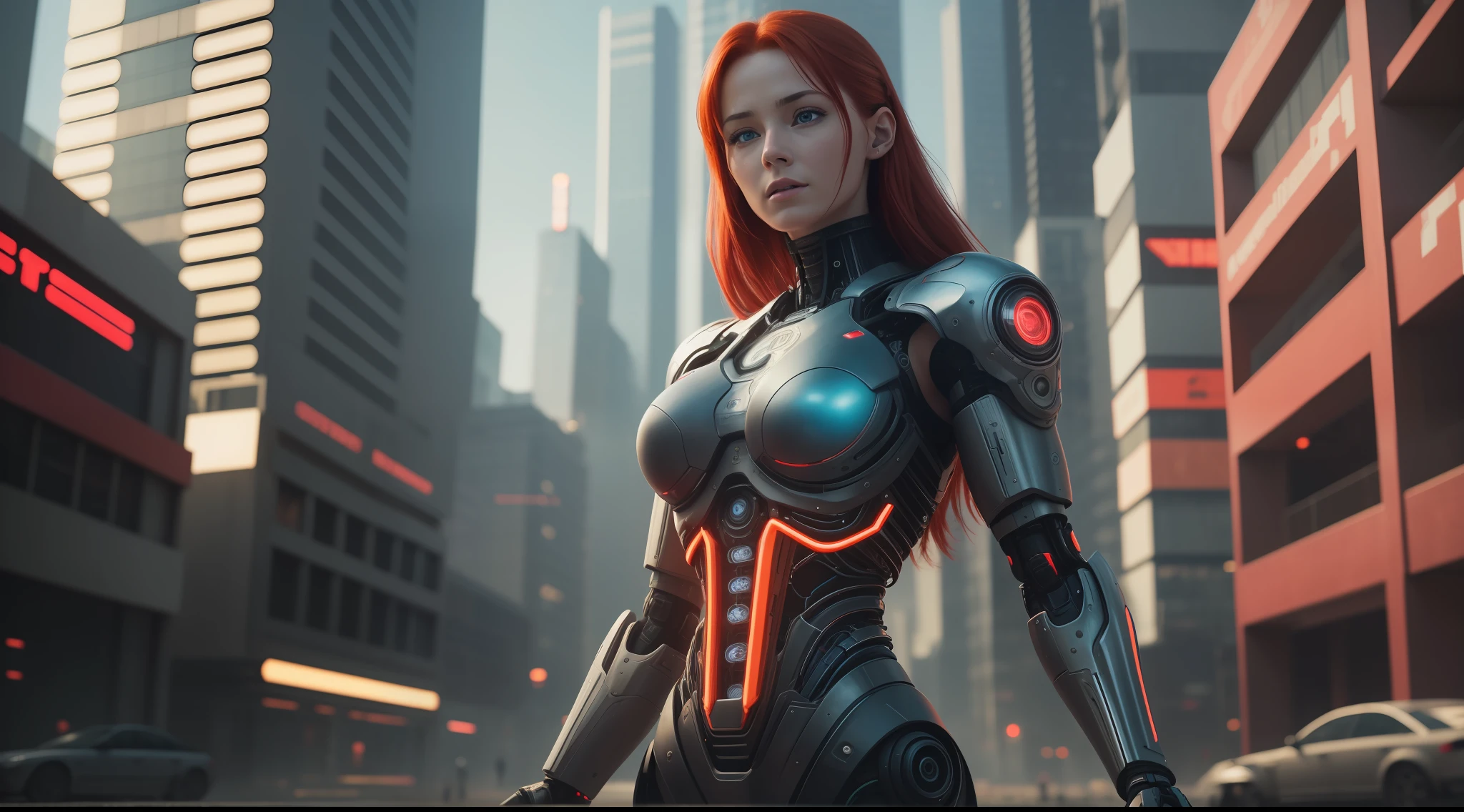 A woman in a futuristic suit standing in a city - SeaArt AI