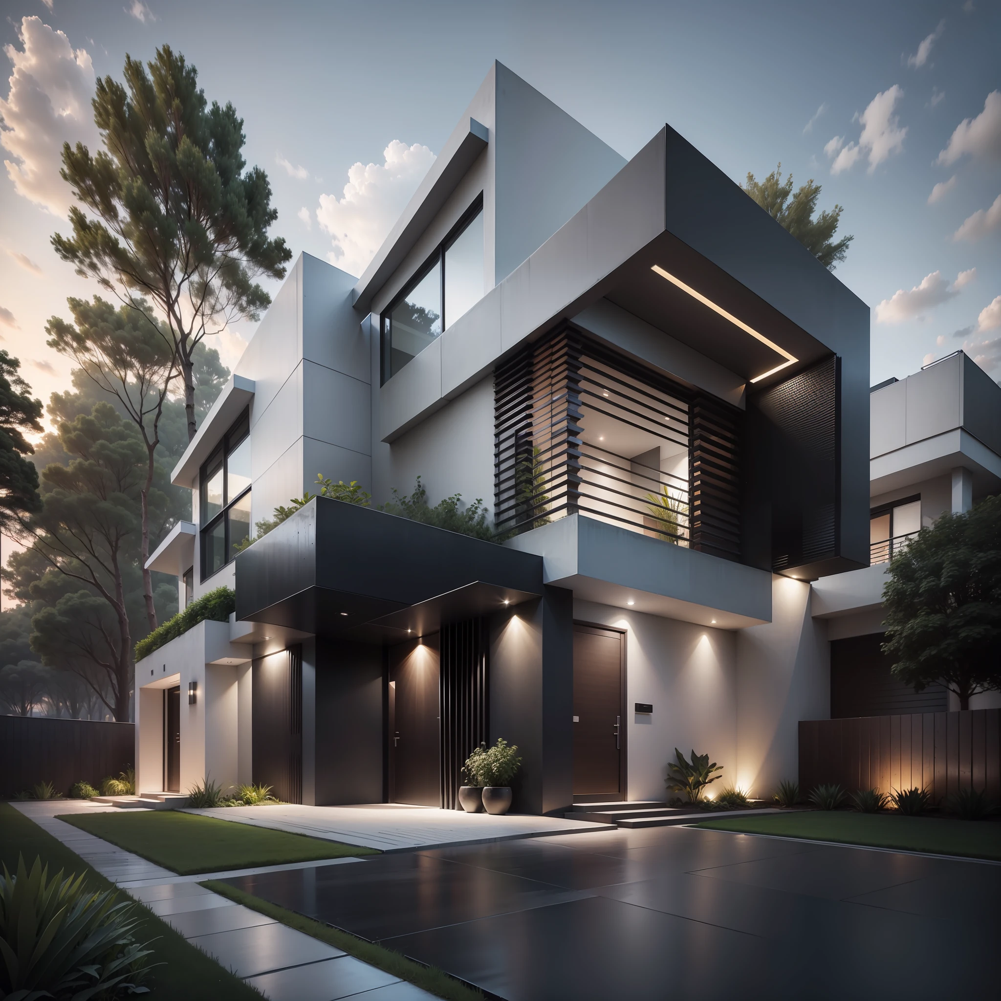 A rendering of a modern house with a lot of windows - SeaArt AI