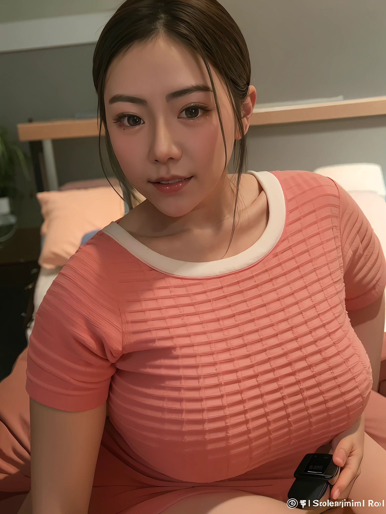 A close up of a woman sitting on a bed holding a remote - SeaArt AI