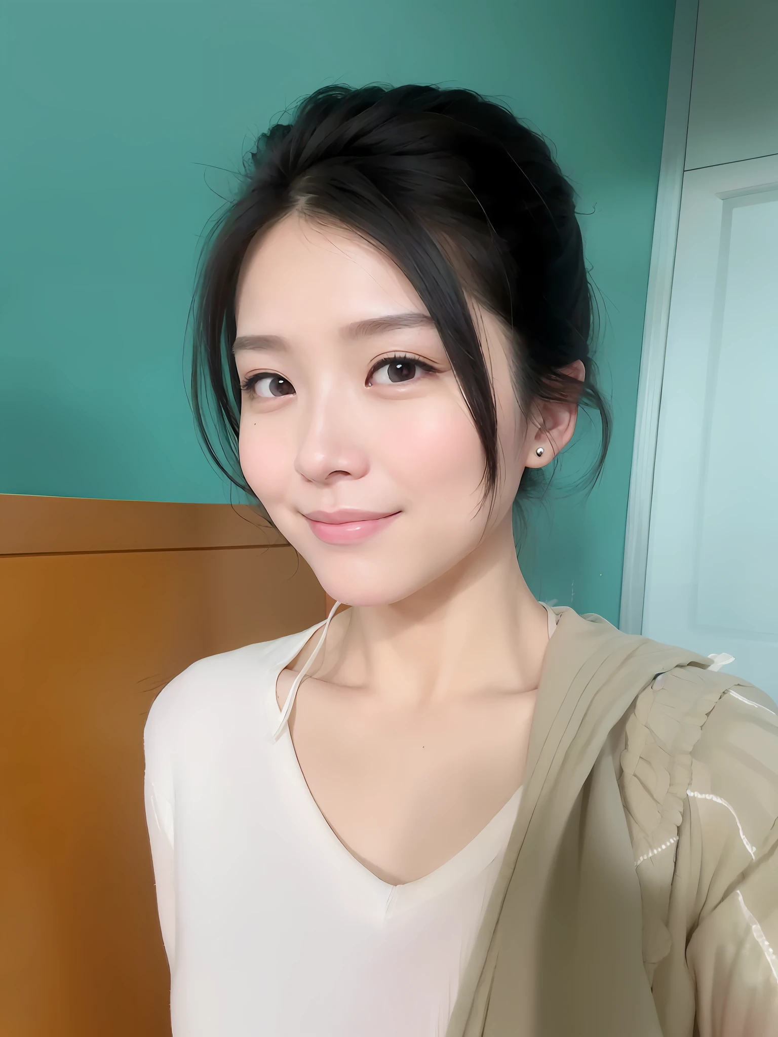 A close up of a woman with a white shirt and a brown jacket - SeaArt AI