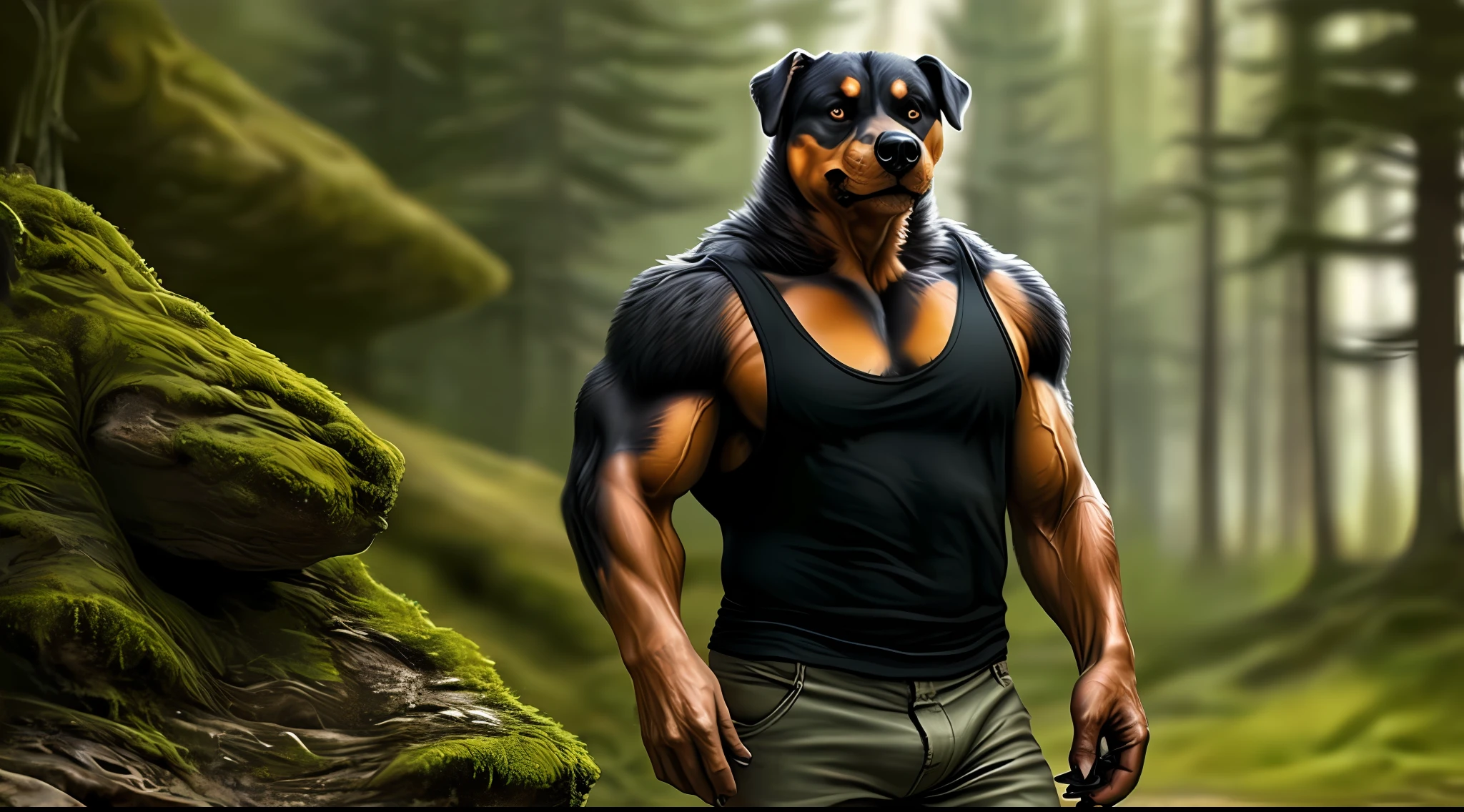 There is a man with a dog on his shoulders in the woods - SeaArt AI