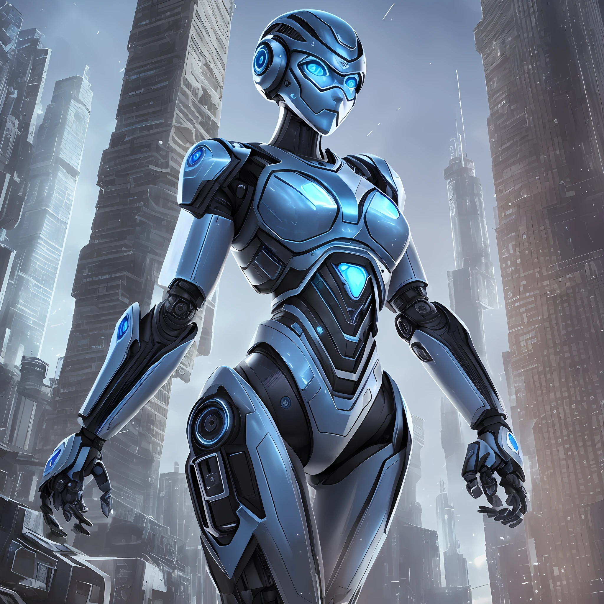 A close up of a robot standing in front of a city - SeaArt AI