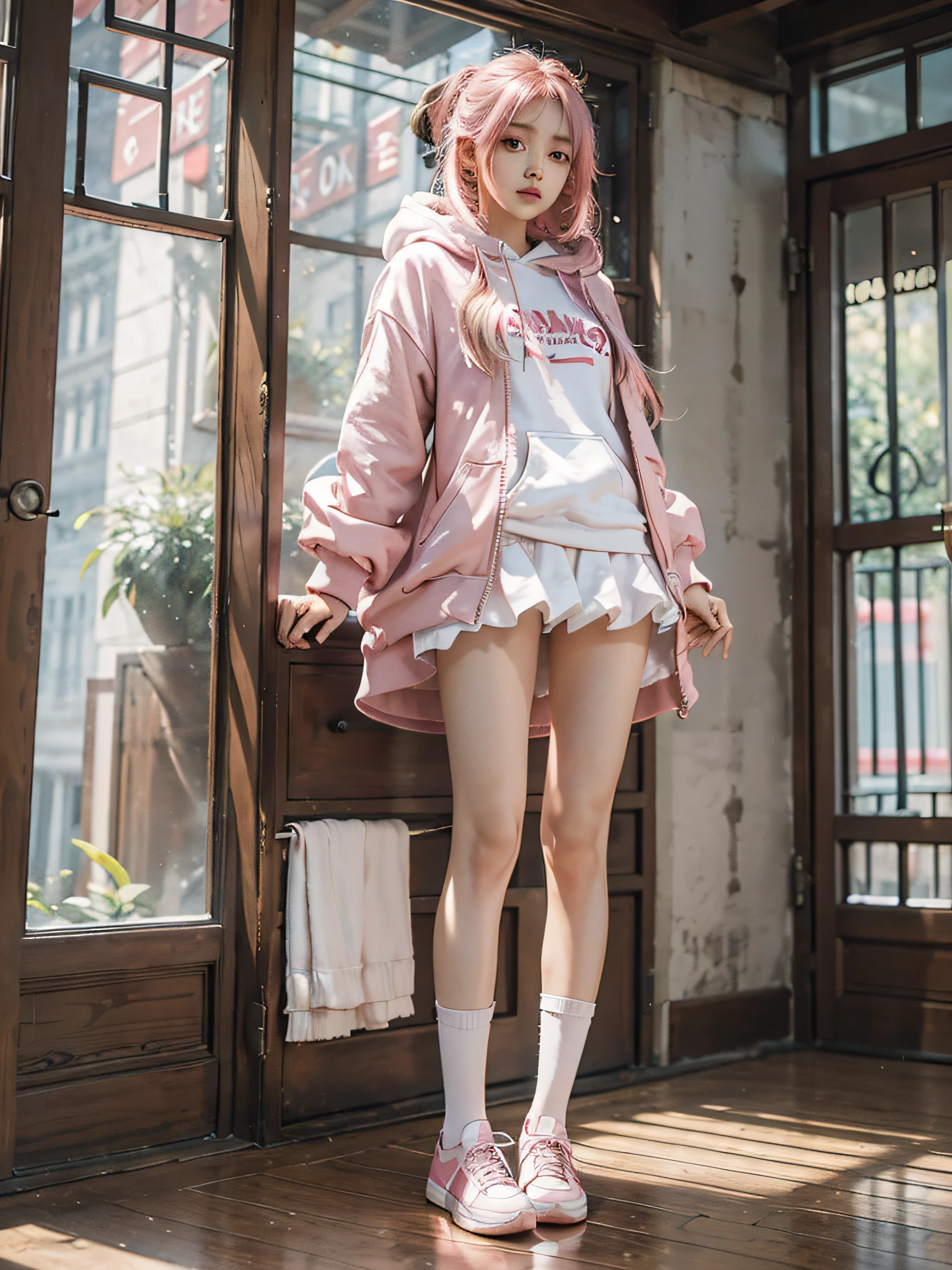 A woman in a pink jacket and white skirt standing in front of a window - SeaArt AI