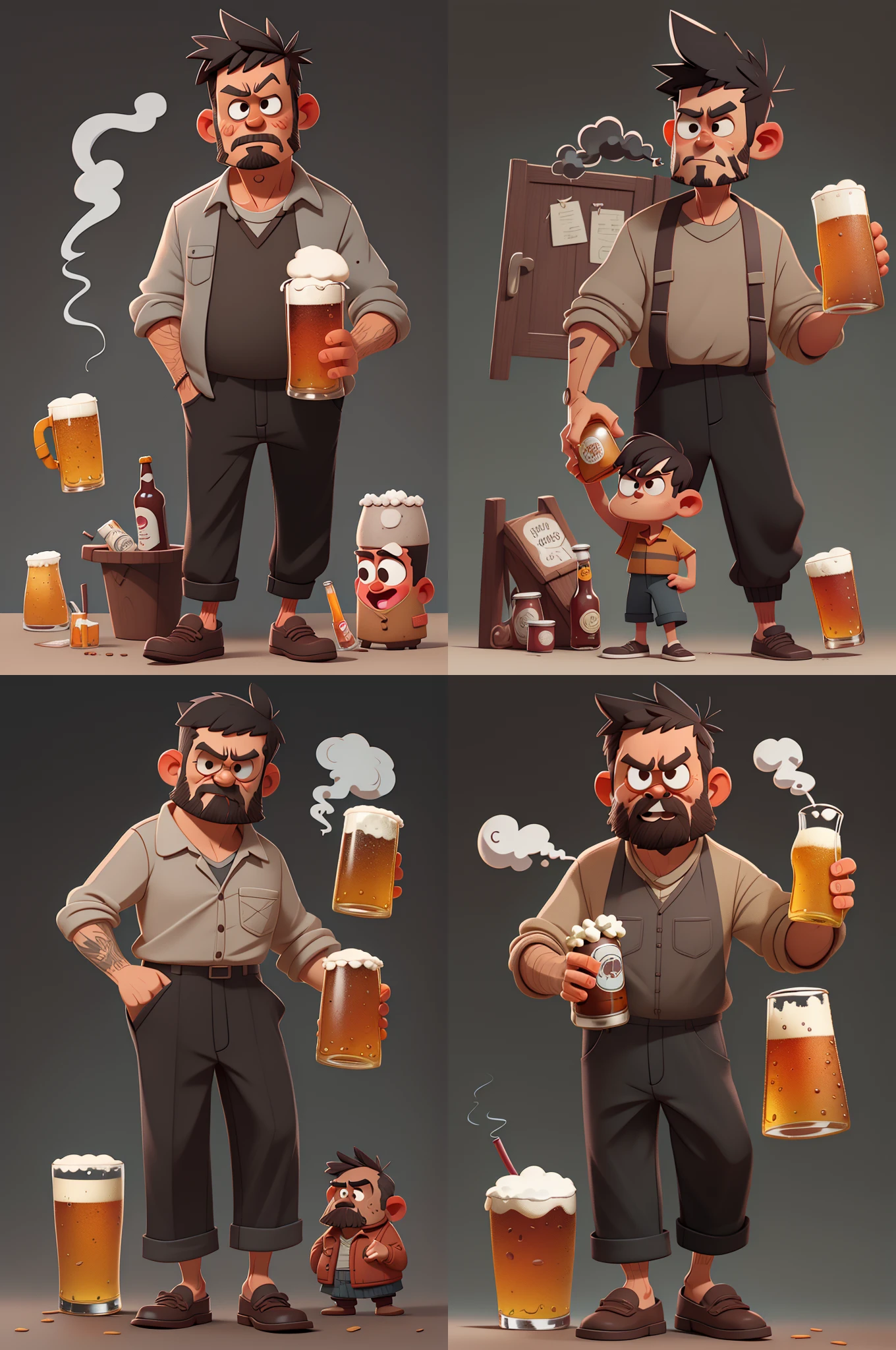 A drunk man staggering, drink bottle in hand, glass with beer in the ...