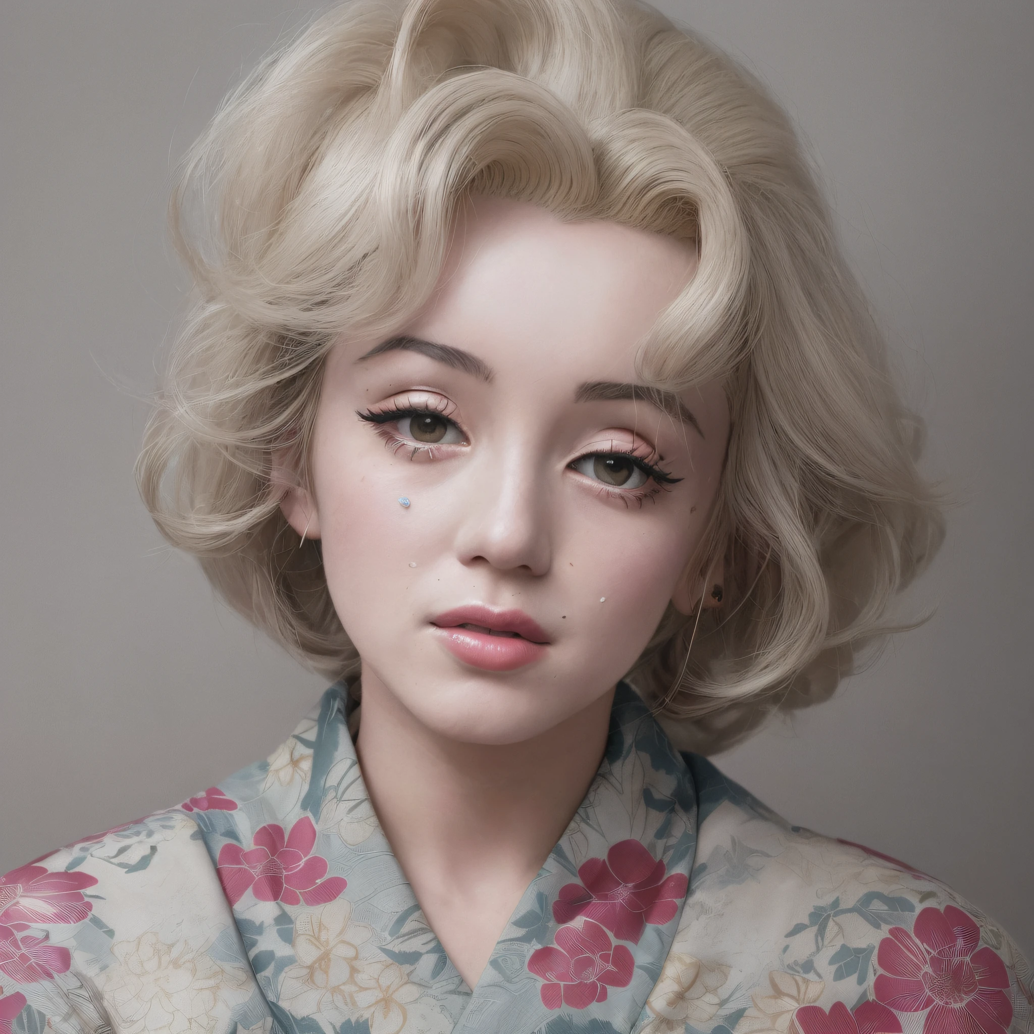 A woman with blonde hair and a floral shirt posing for a picture ...