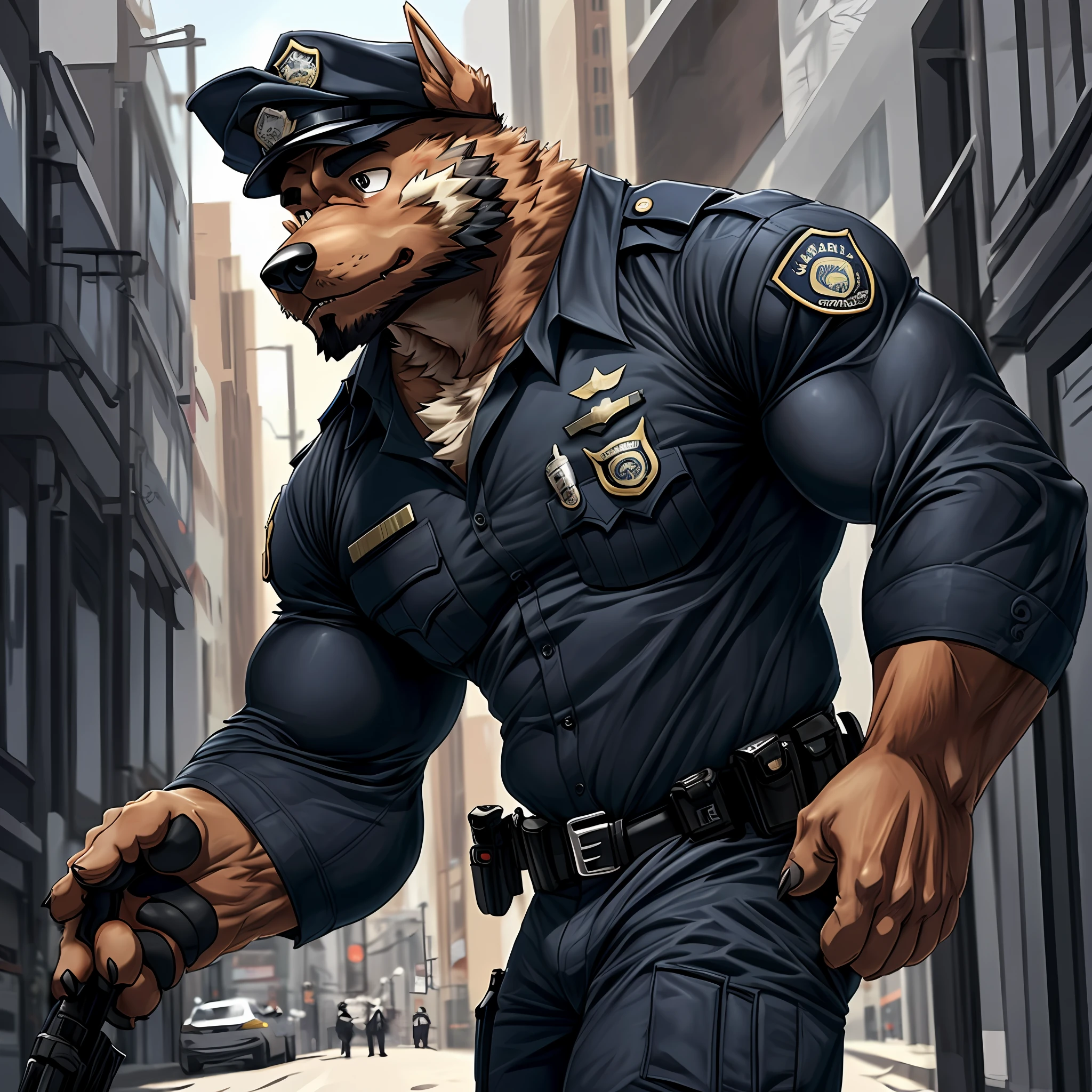 There is a man in a police uniform walking down a street - SeaArt AI