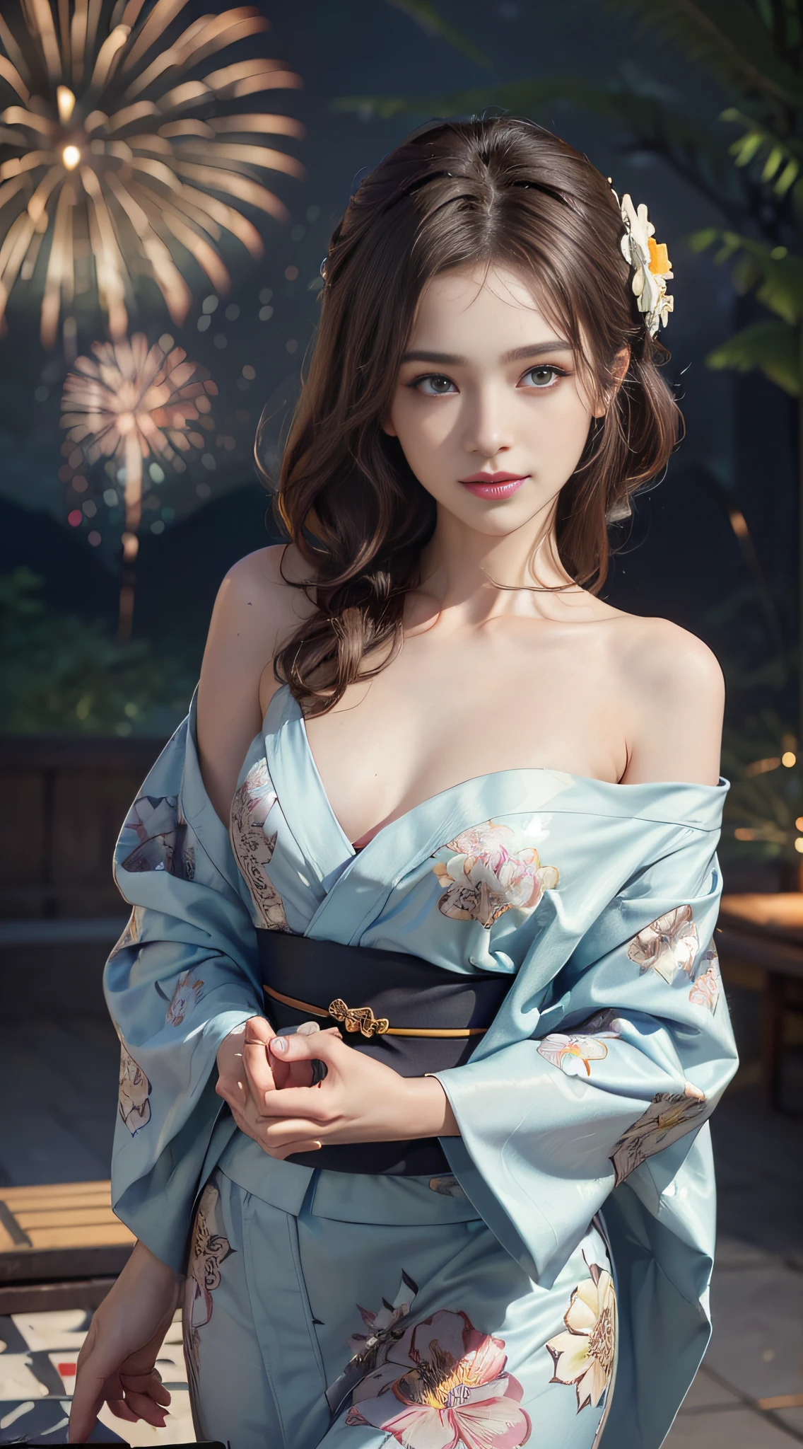 A woman in a blue kimono dress posing for a picture - SeaArt AI