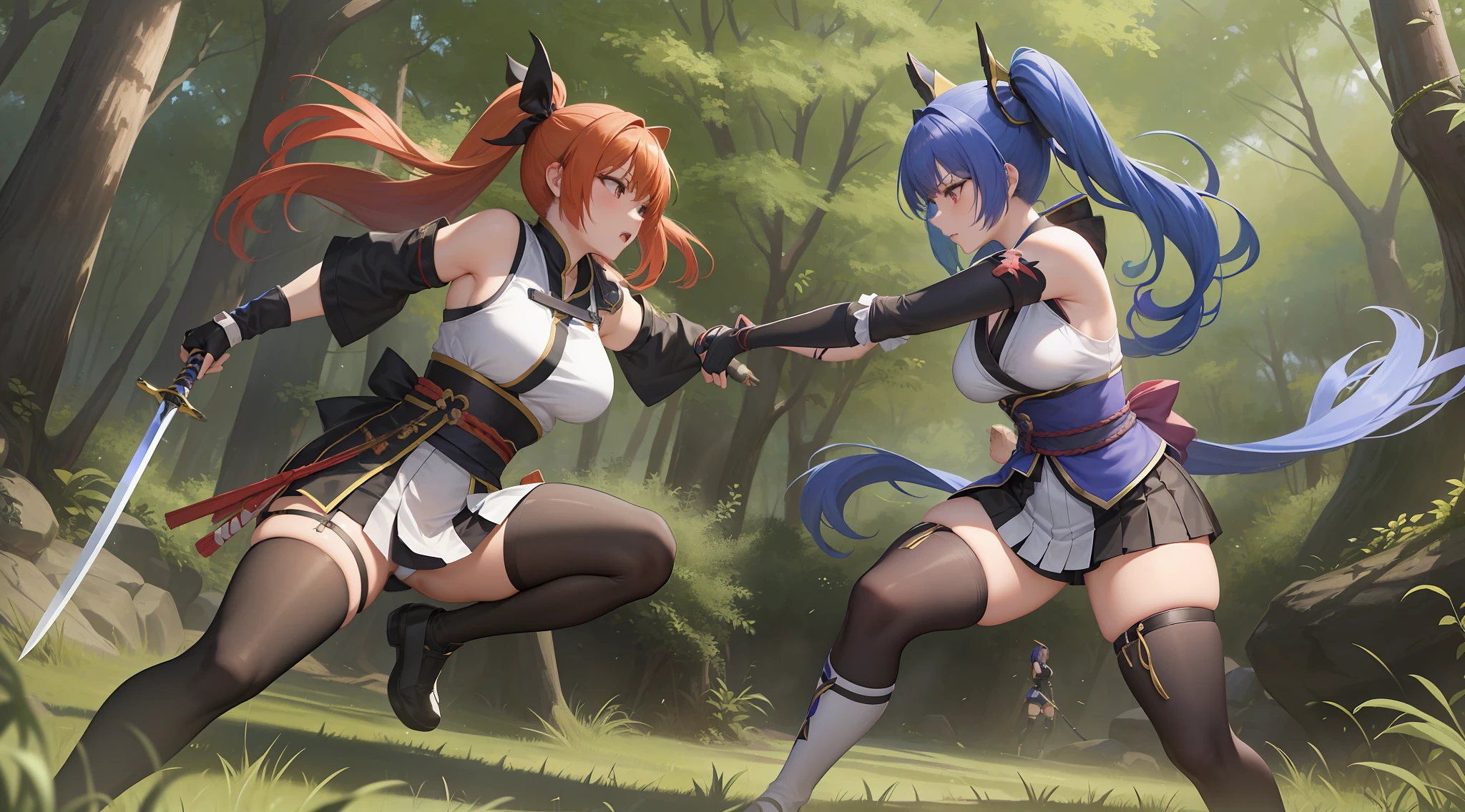 Two anime girls in a forest with swords and armor - SeaArt AI
