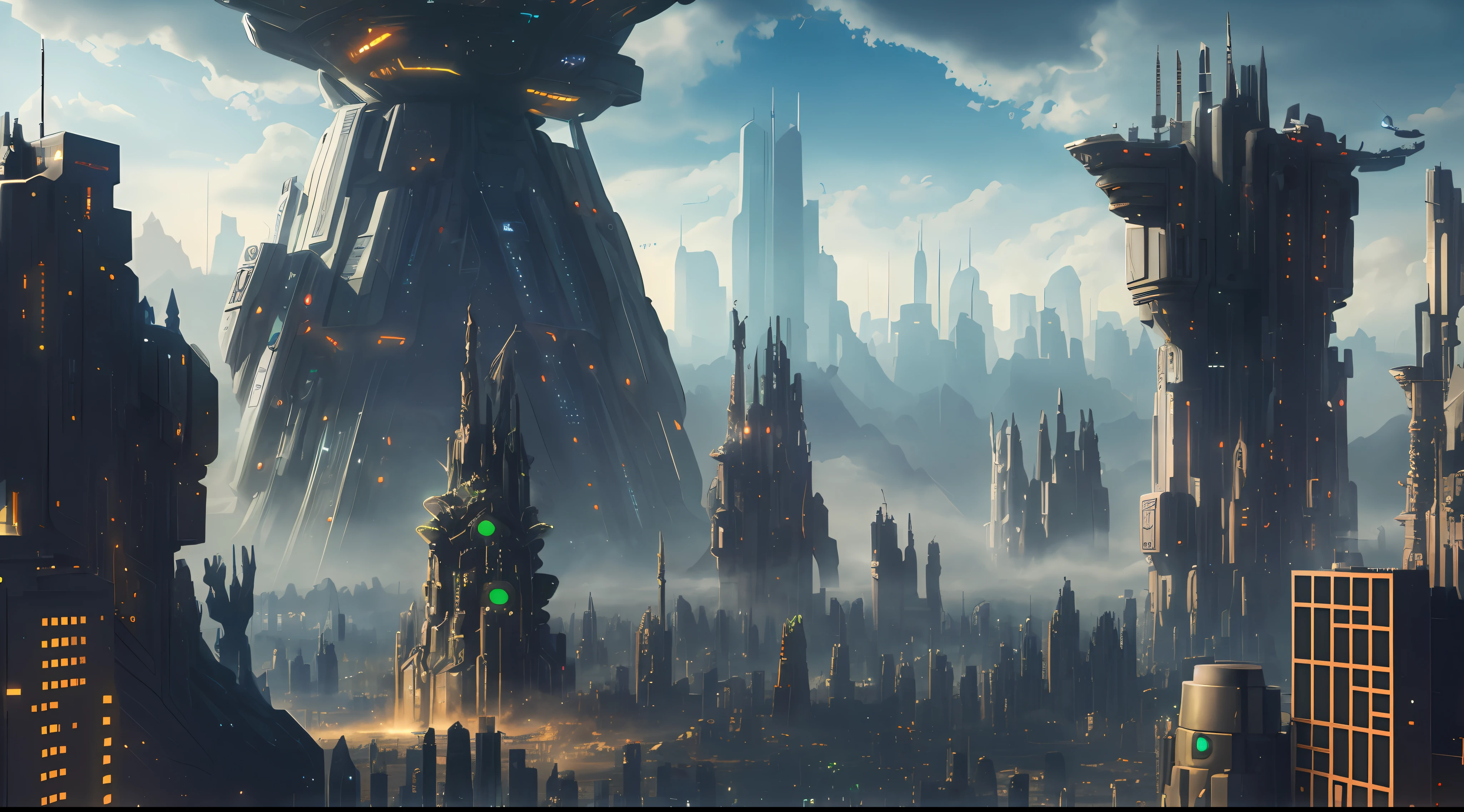 Futuristic city with a giant tower and a huge clock tower - SeaArt AI