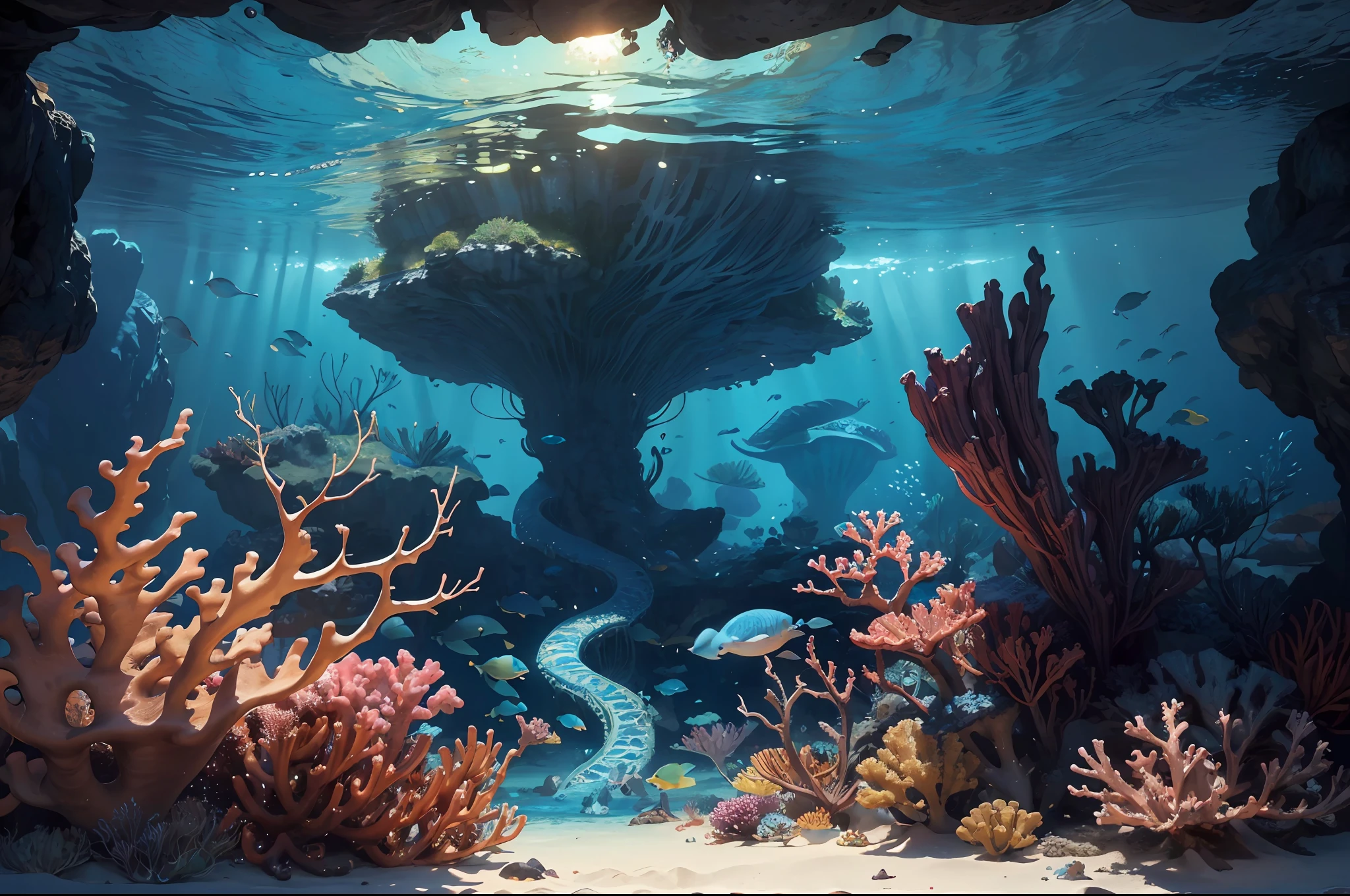 Underwater scene of coral reef with fish and corals in the water ...