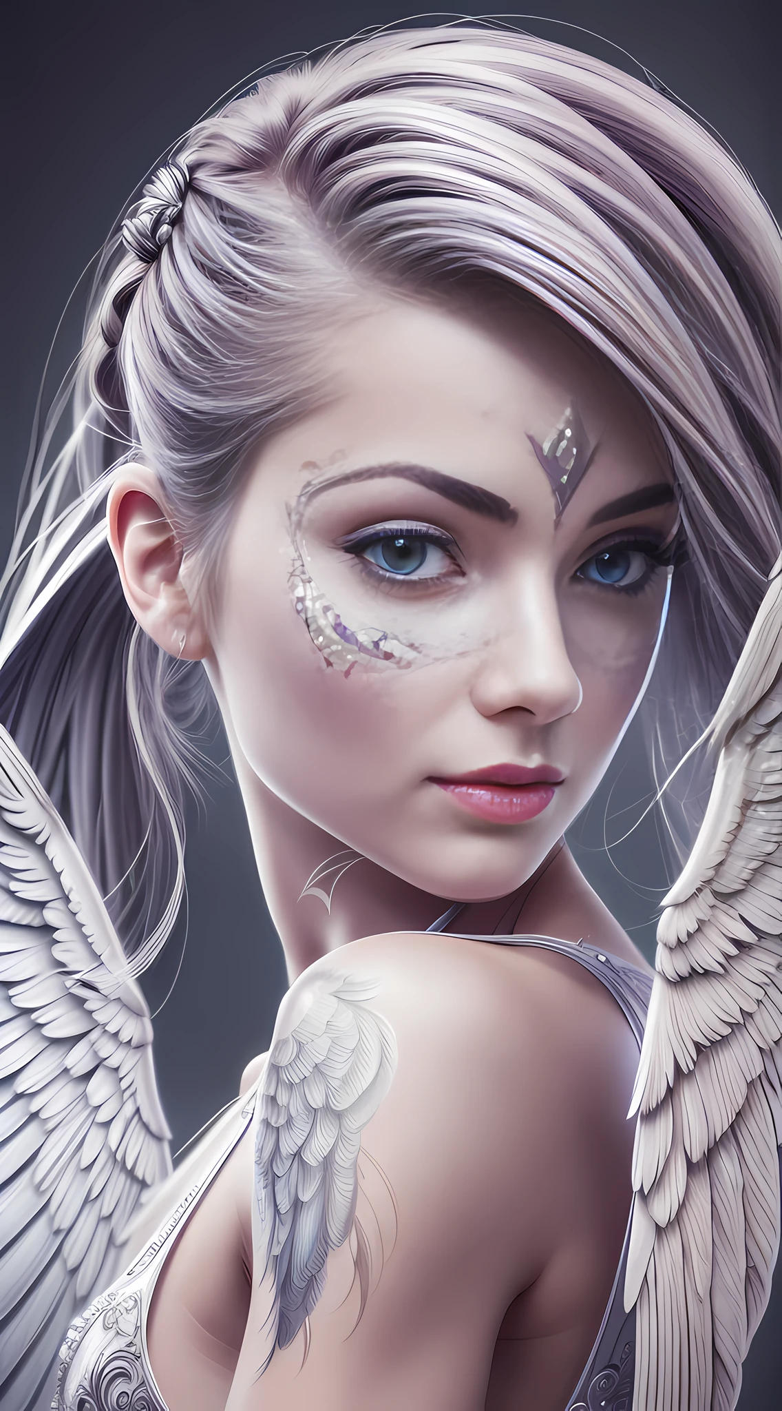 A woman with white wings and a face paint - SeaArt AI