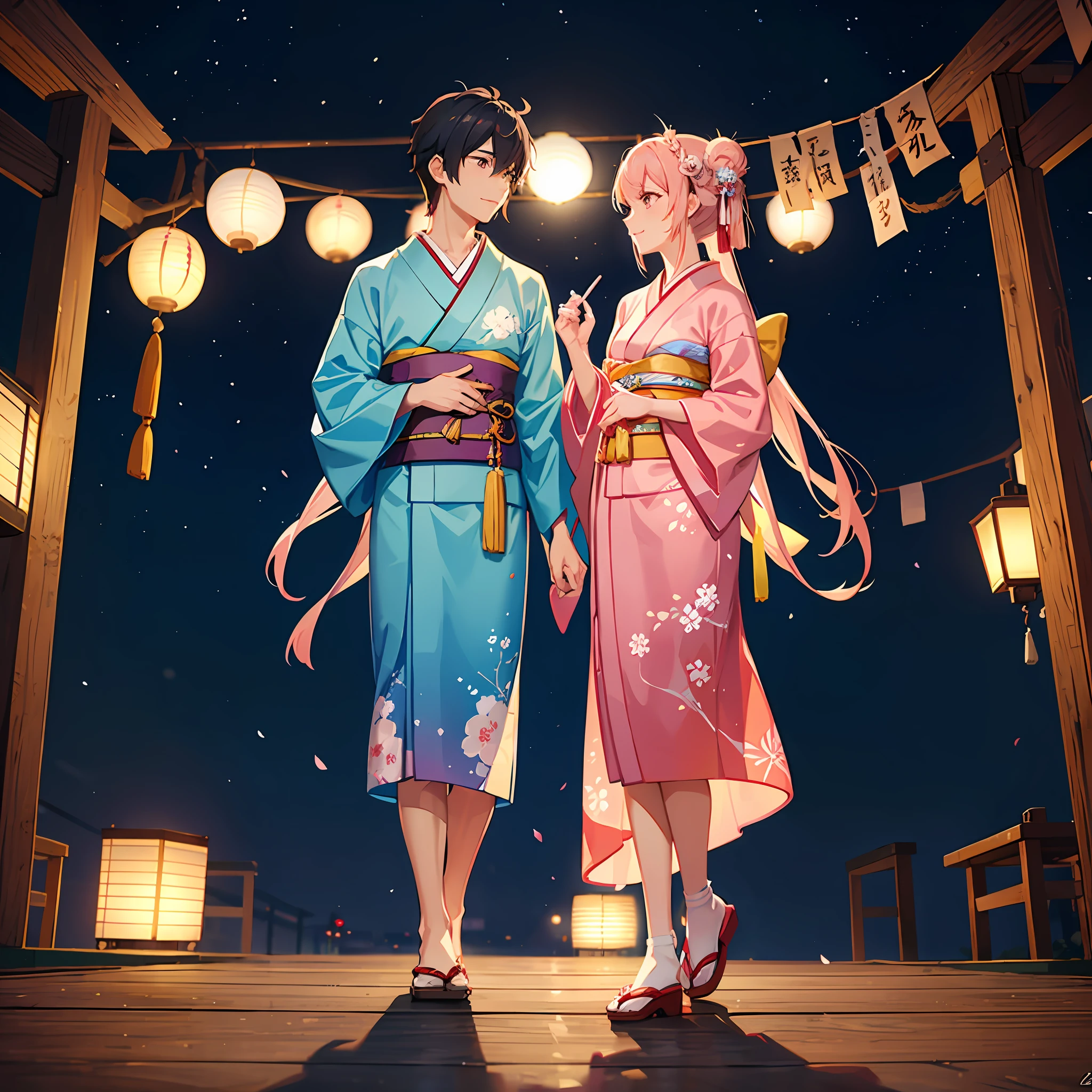 Anime couple in kimono robes standing under lanterns at night - SeaArt AI
