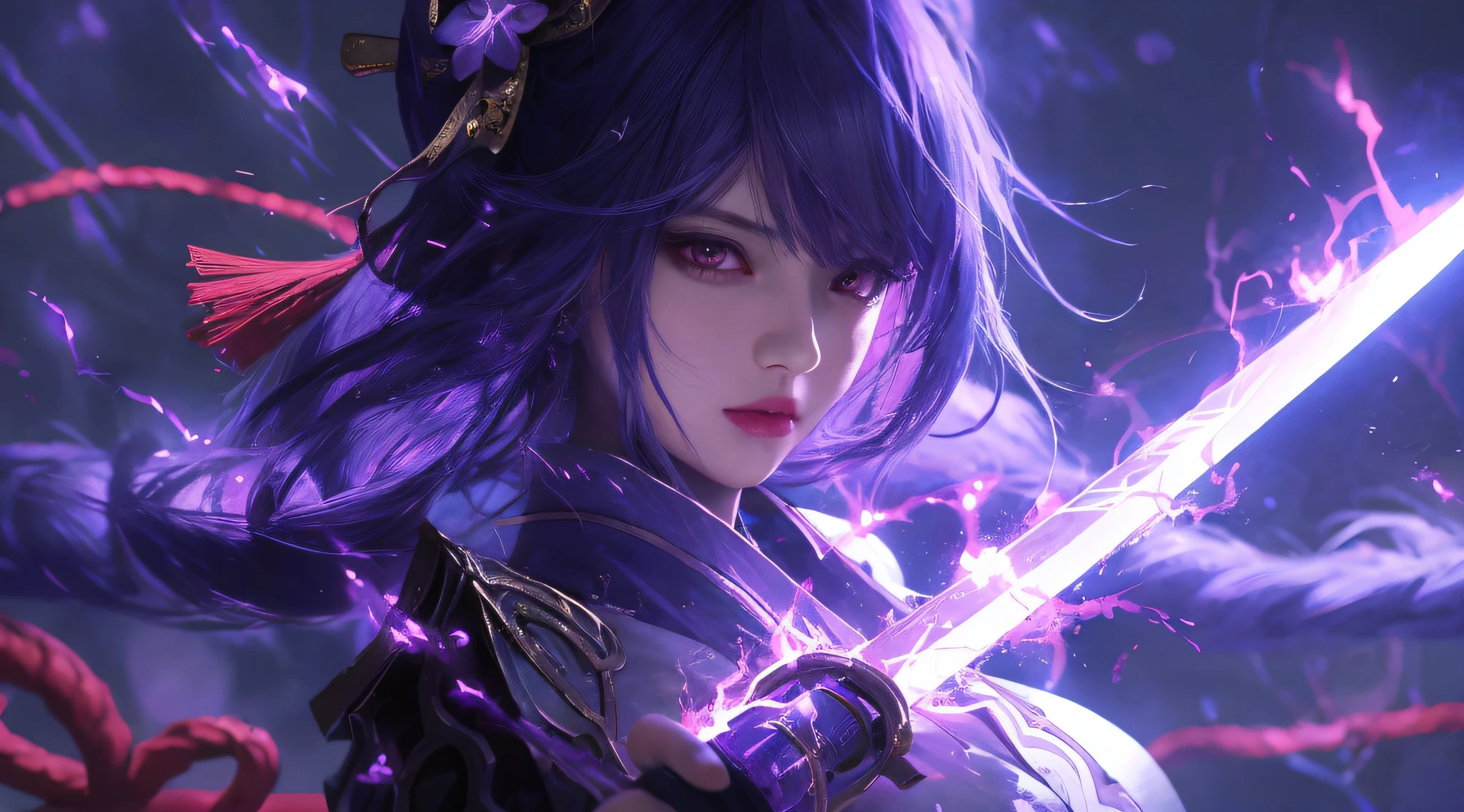 A close up of a woman holding a sword in a dark room（raiden shogun ...