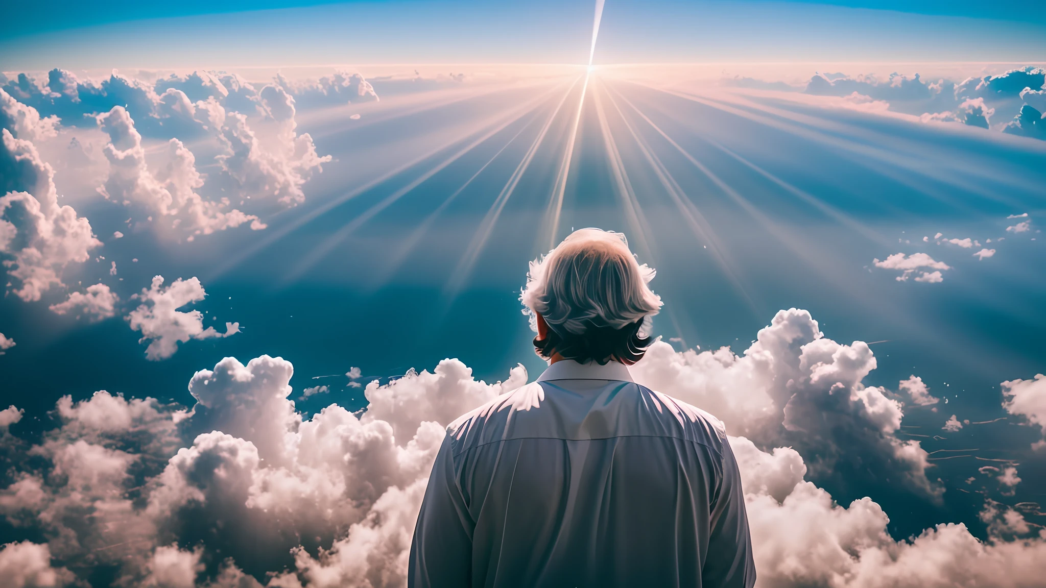 A man standing in the clouds looking at the sun - SeaArt AI