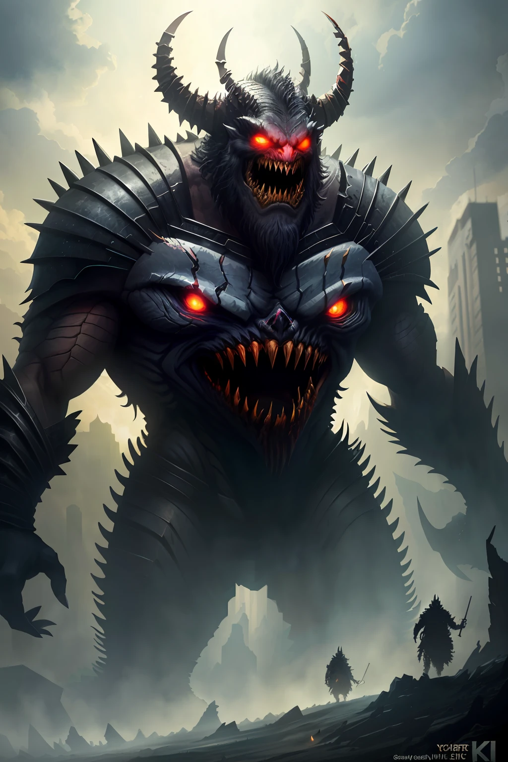 A demonic monster with red eyes and large fangs standing in front of a ...