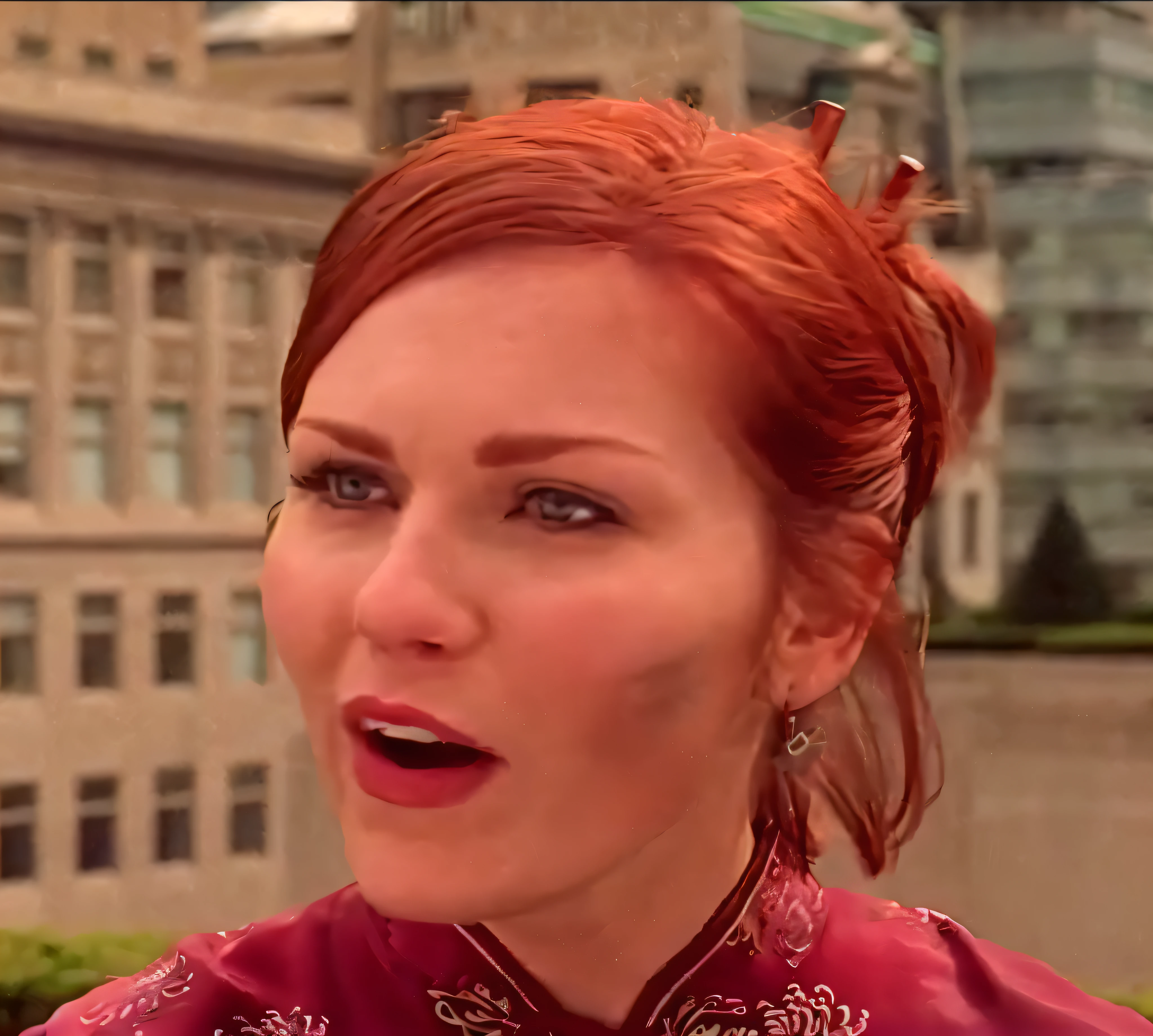 There is a woman with red hair and a red blouse - SeaArt AI