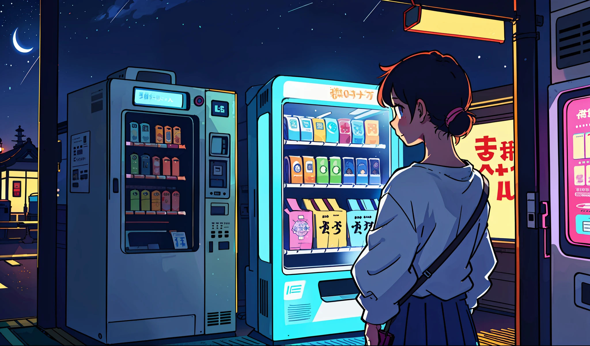Anime girl standing in front of vending machines at night - SeaArt AI
