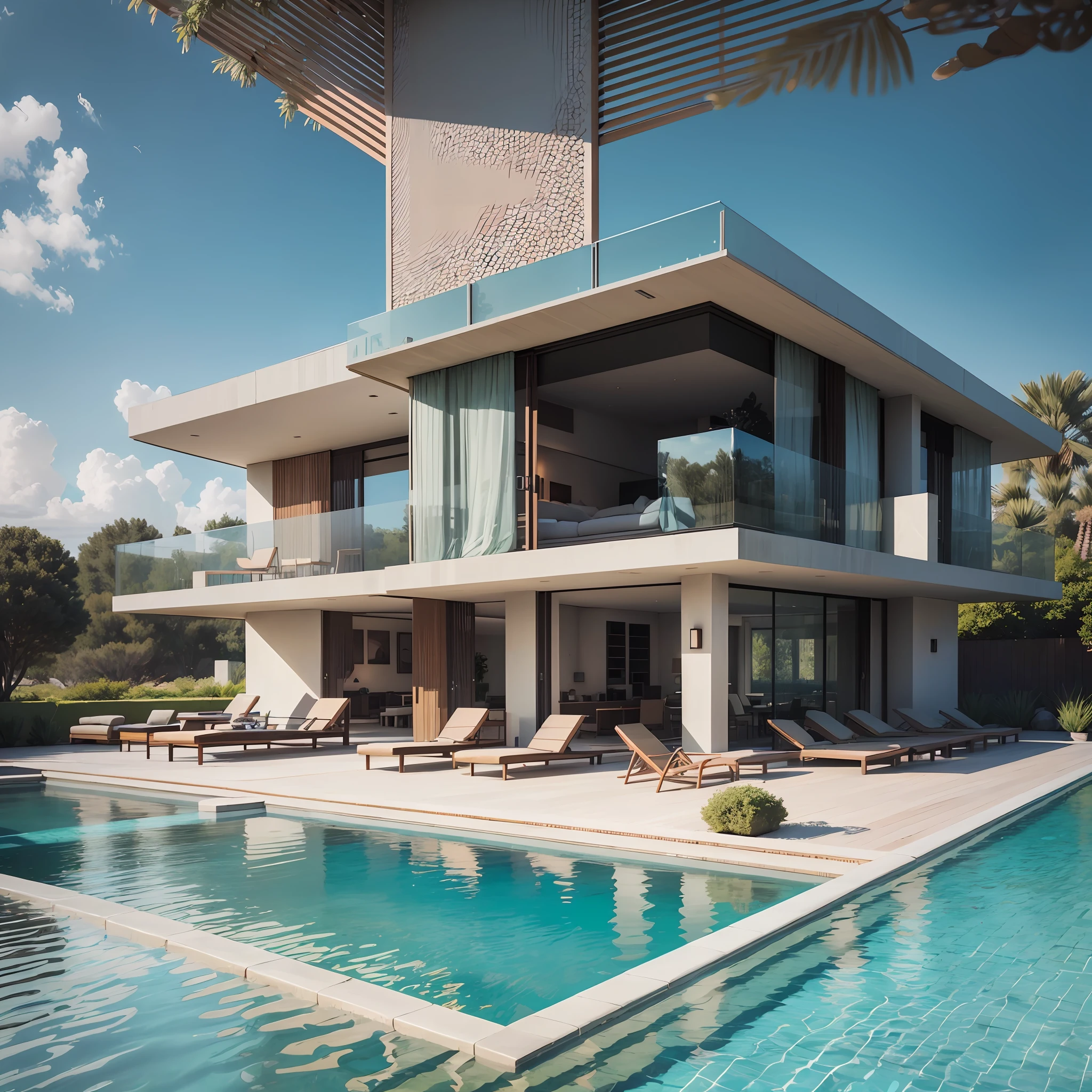 A large modern house with a pool and lounge chairs - SeaArt AI