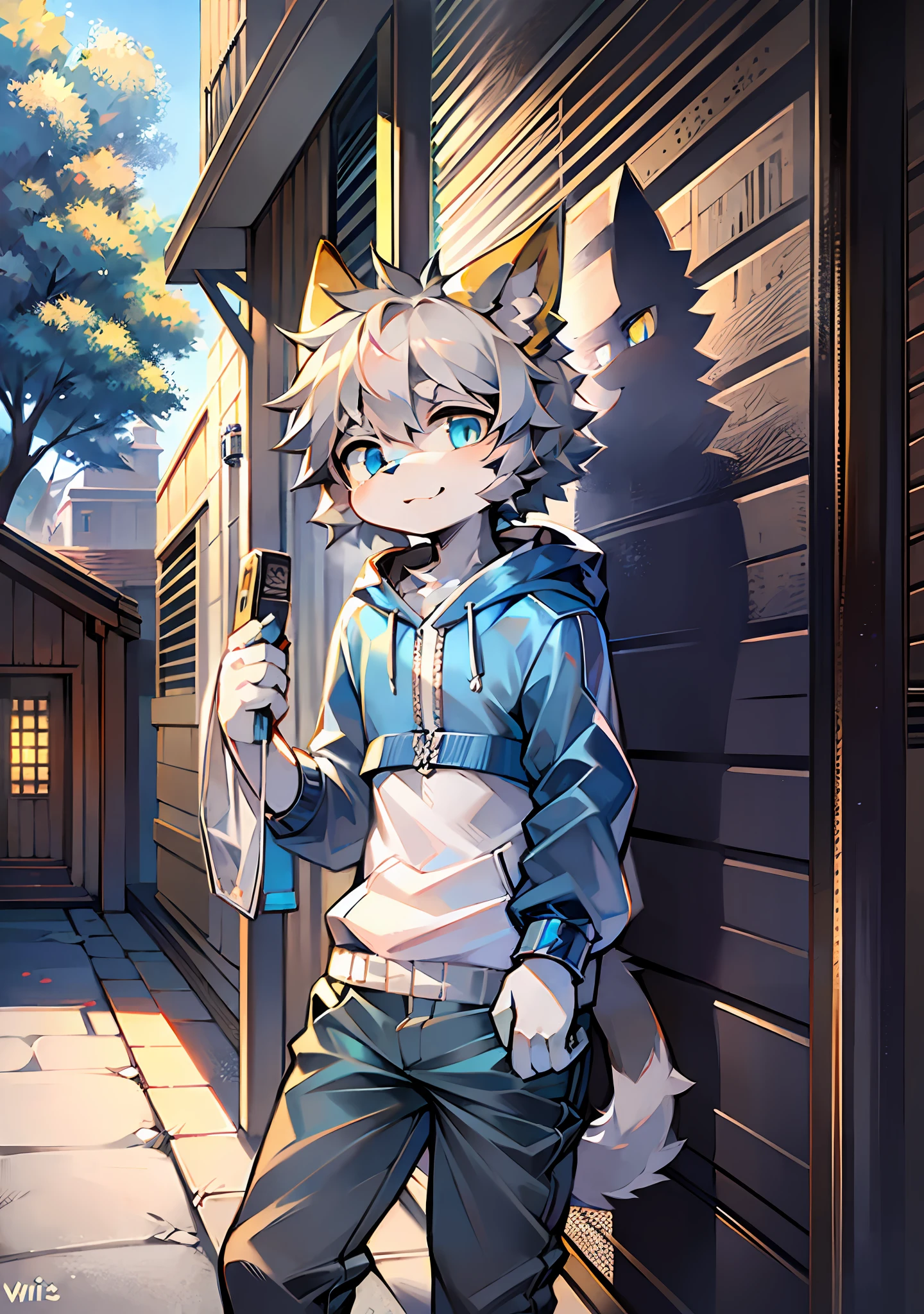 Anime boy with a cat tail standing in front of a building - SeaArt AI