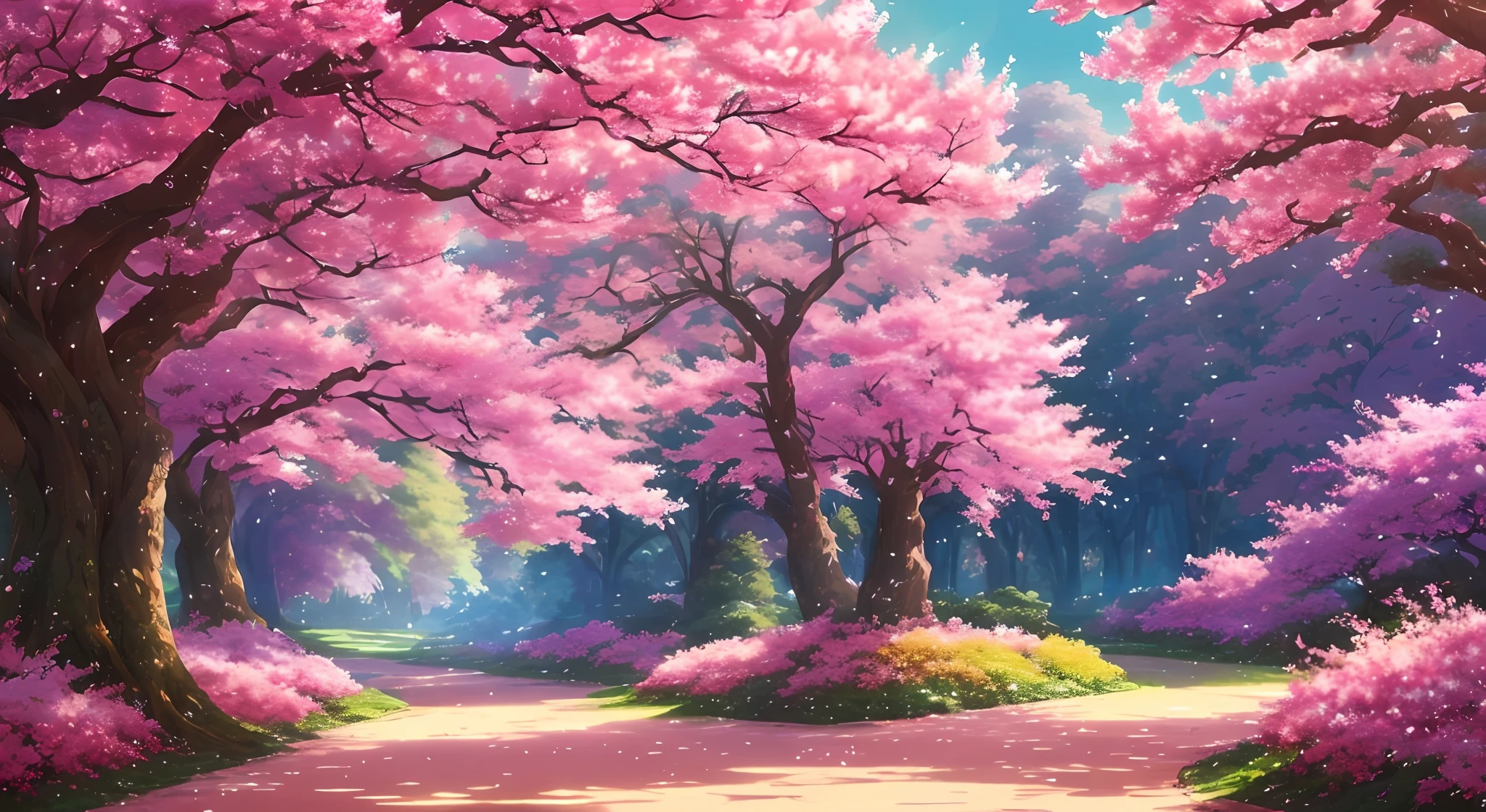 A painting of a pathway with pink flowers and trees in the background ...