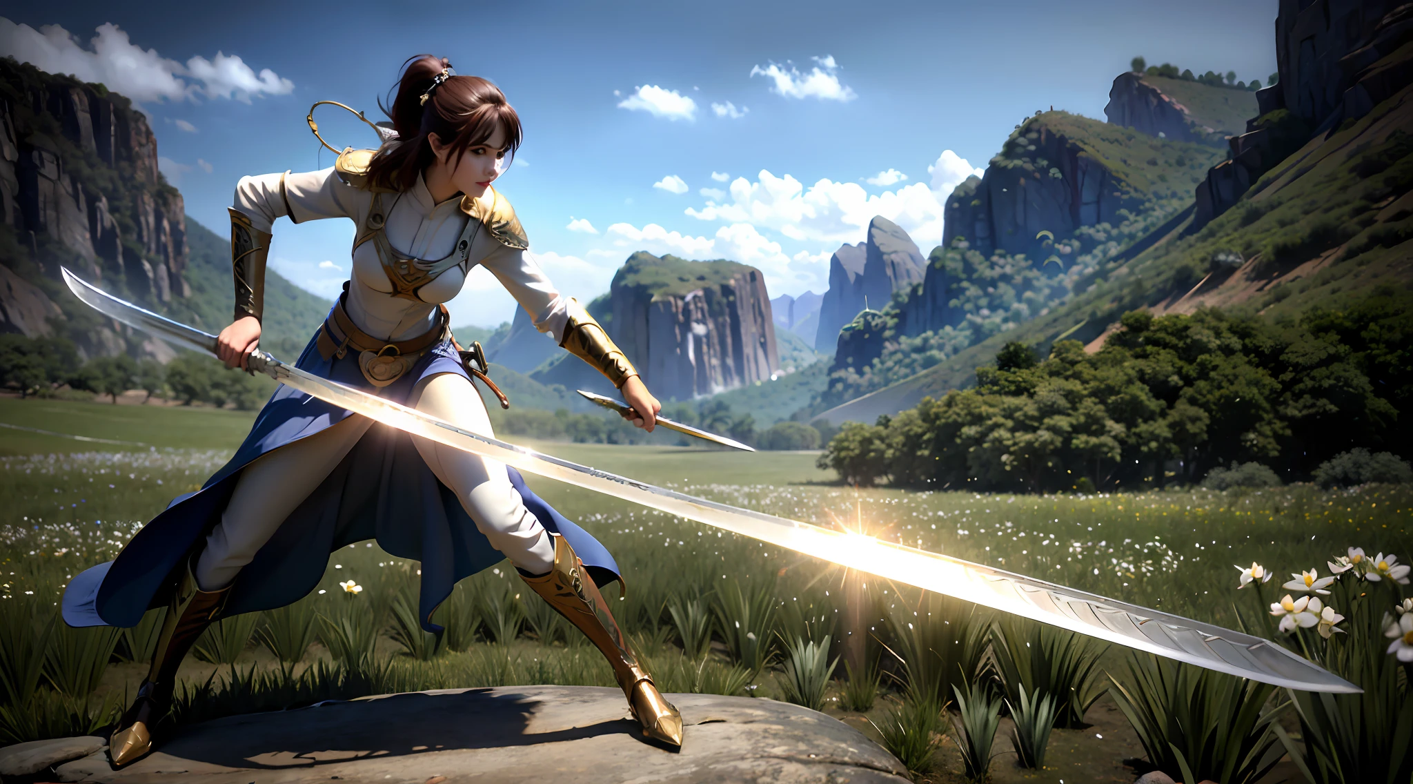 A woman in a white outfit holding a sword in a field - SeaArt AI