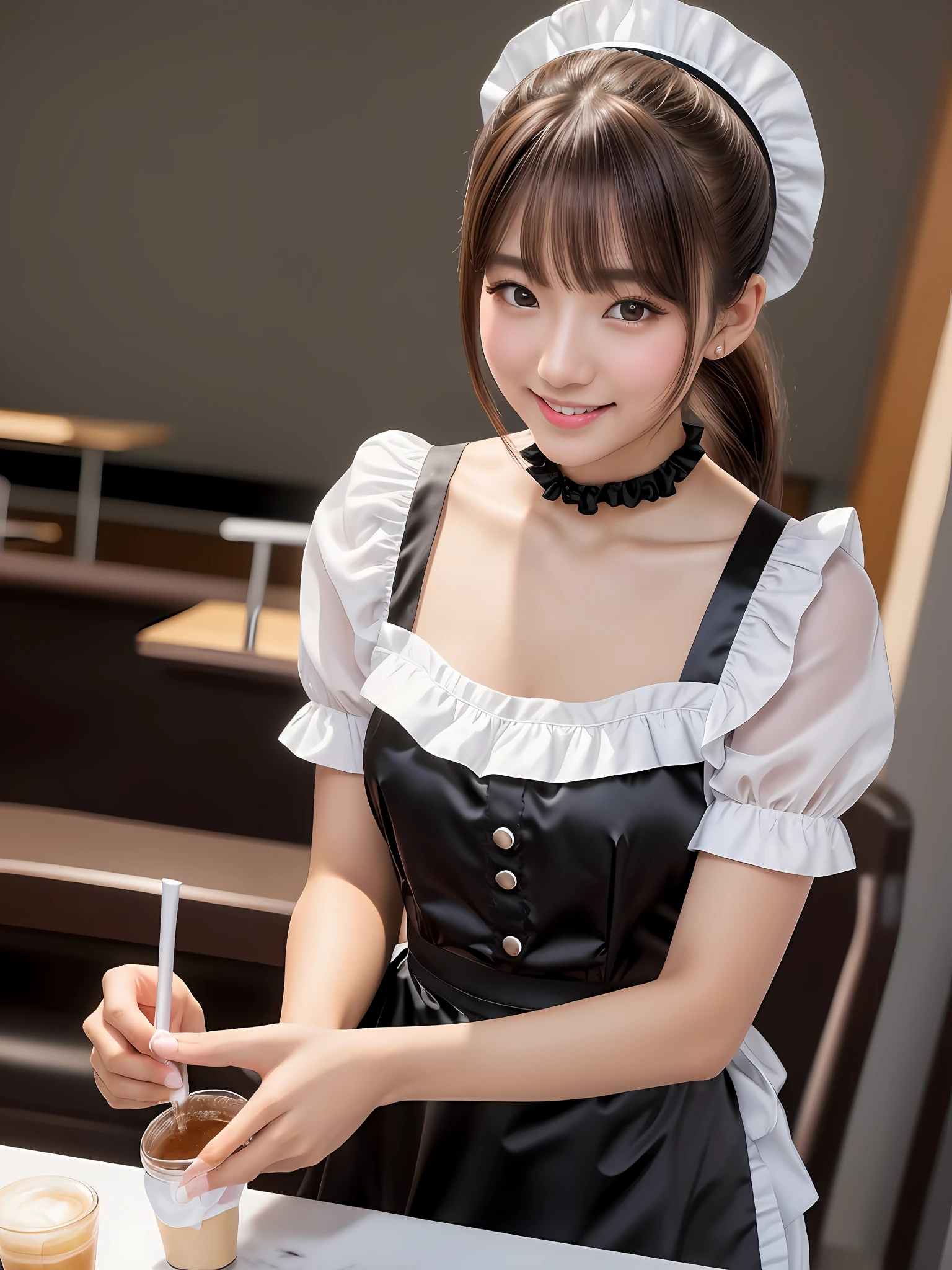 Araffe maid in a black and white uniform is holding a cup of coffee ...