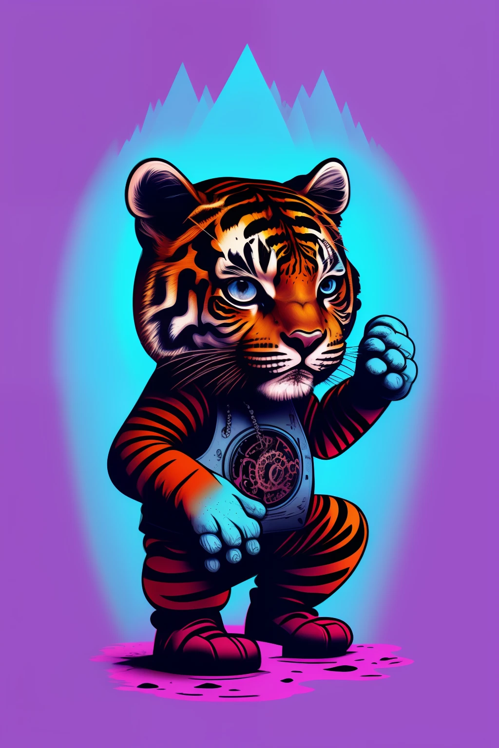 A tiger with a clock on its chest and a purple background - SeaArt AI
