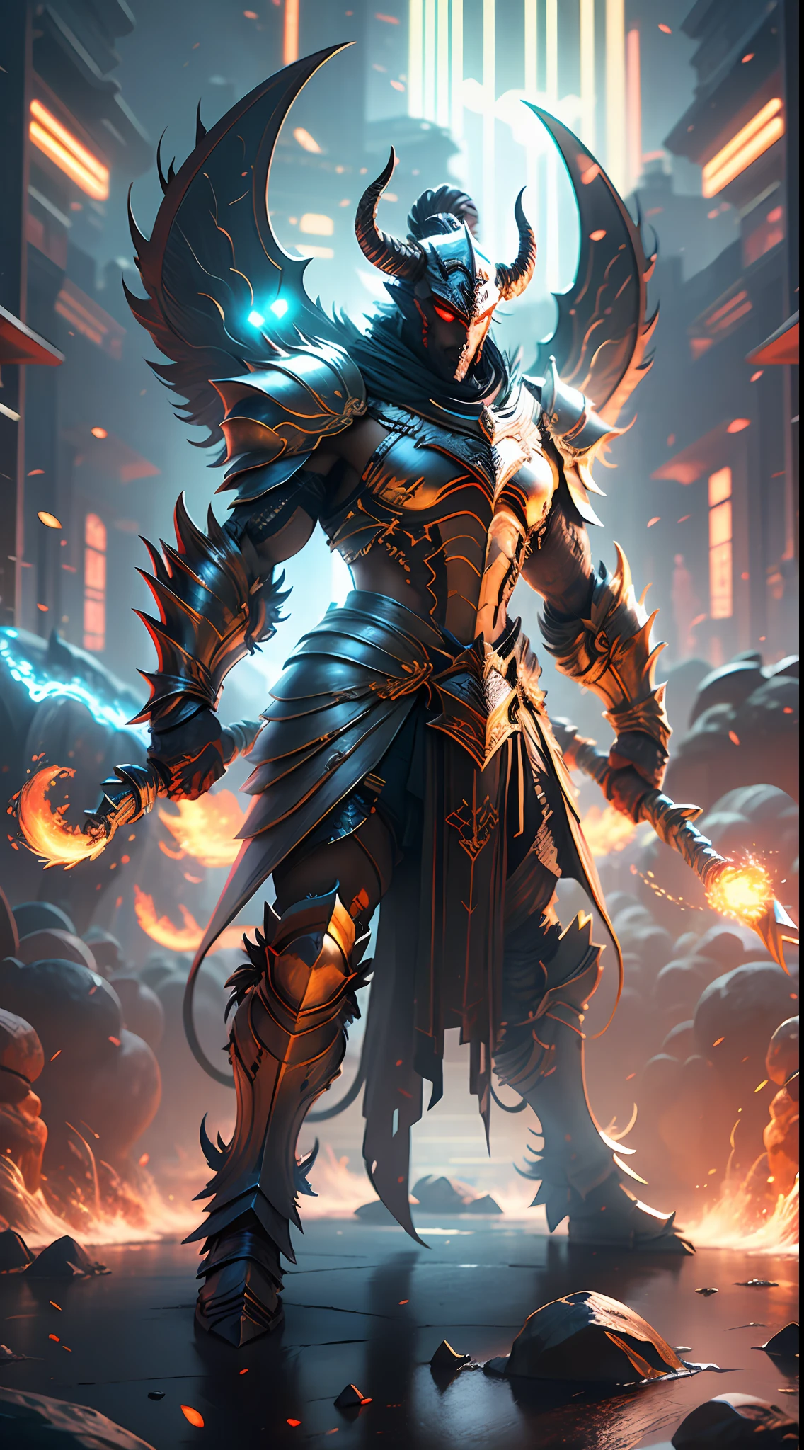 A digital illustration of a male warrior in armor with a glowing sword ...