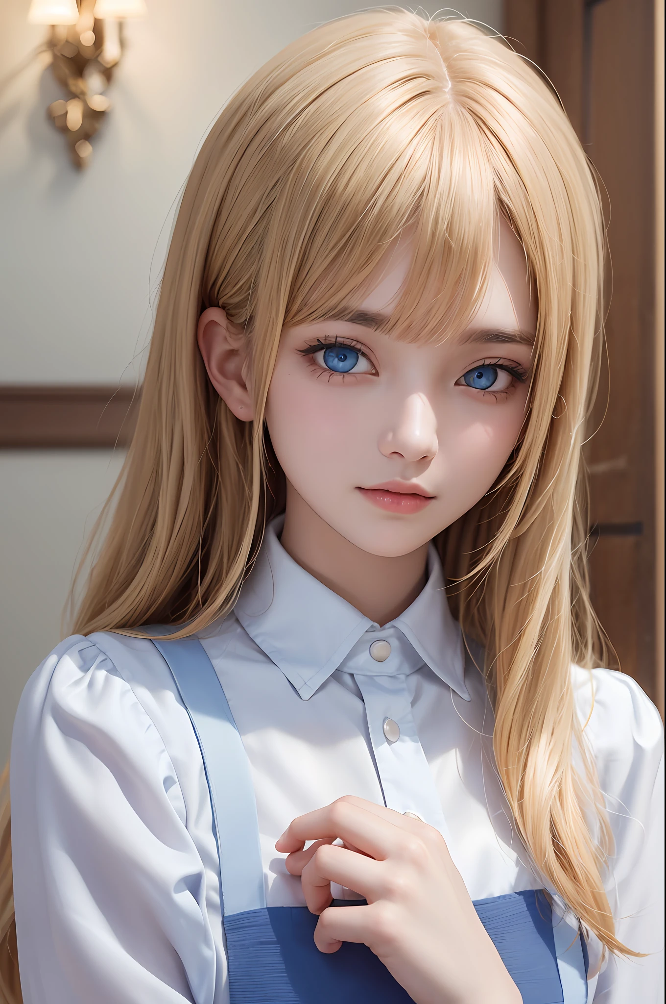 A close up of a woman with long blonde hair wearing a blue dress - SeaArt AI