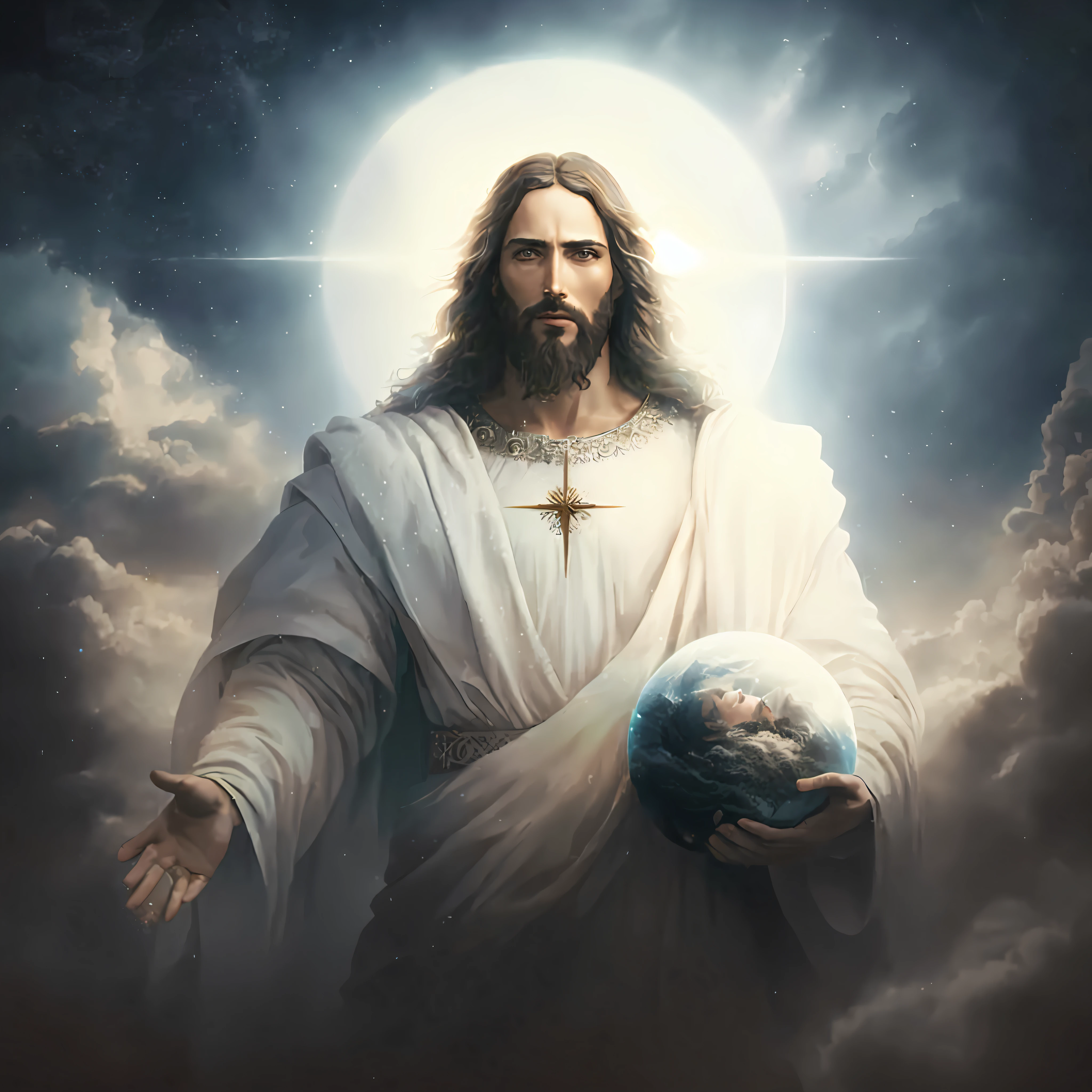 Jesus holding a globe in his hands with a full moon behind him - SeaArt AI