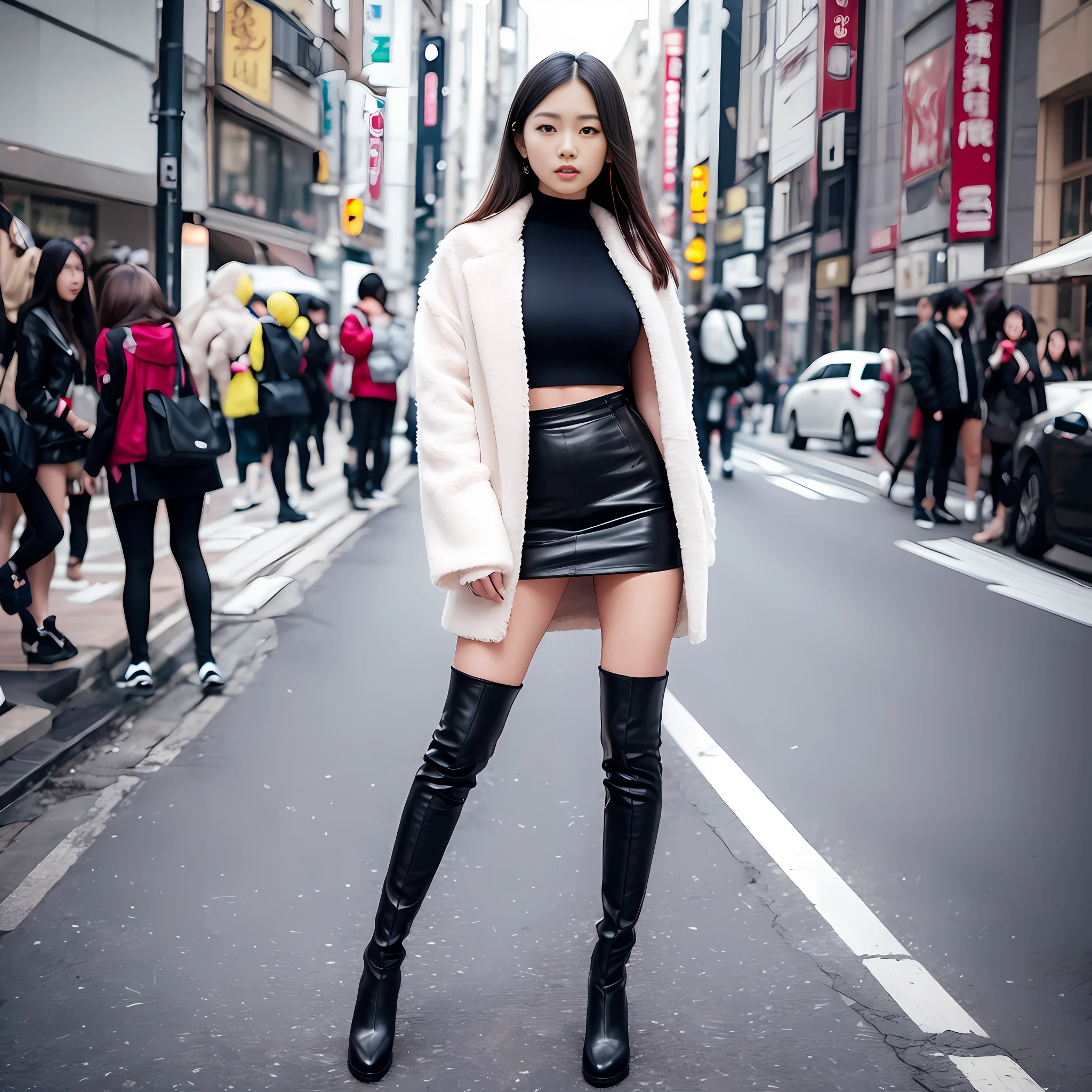 Araffe woman in black skirt and boots posing on a city street - SeaArt AI