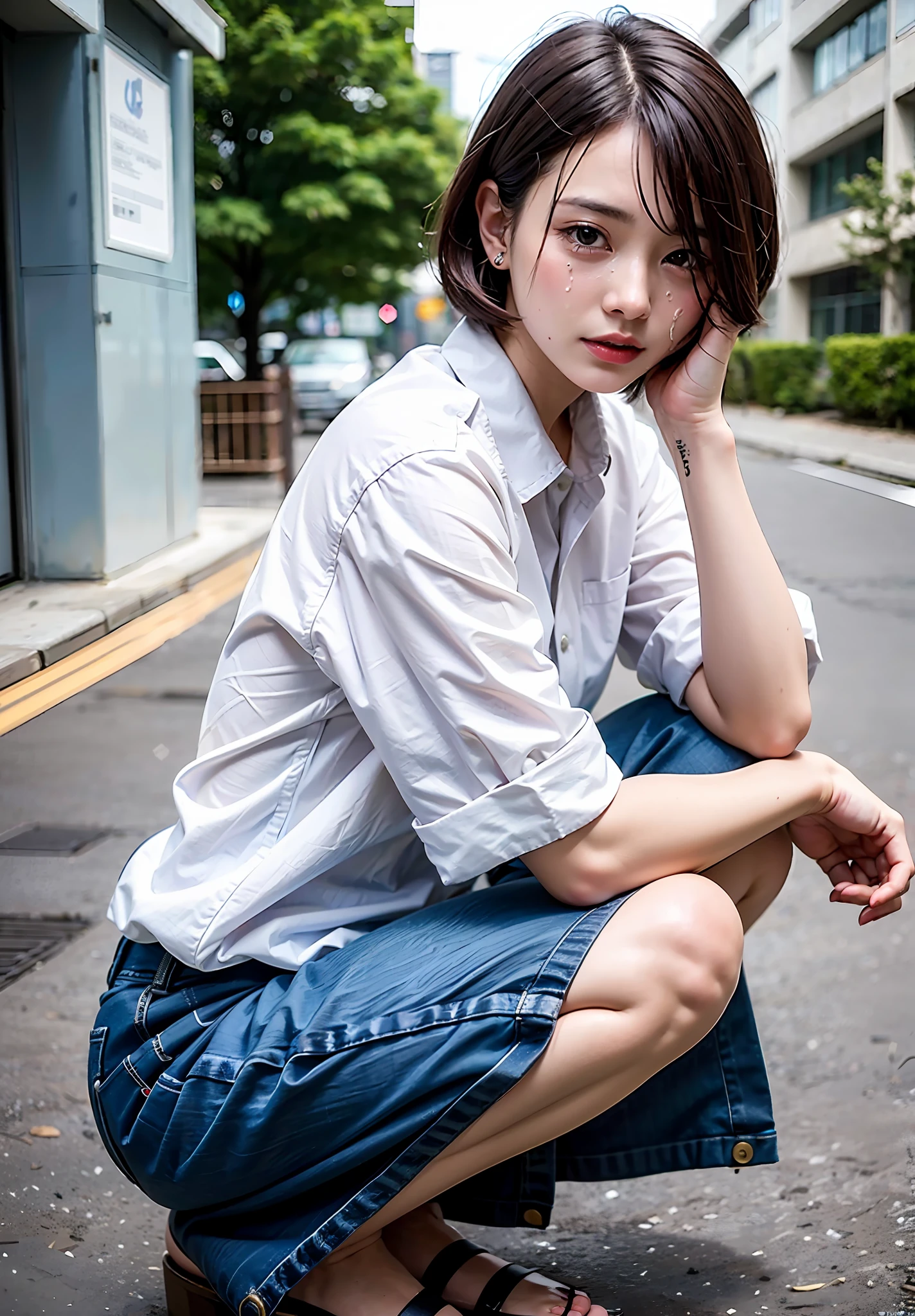 Arafed woman crouching down on a skateboard on a city street - SeaArt AI