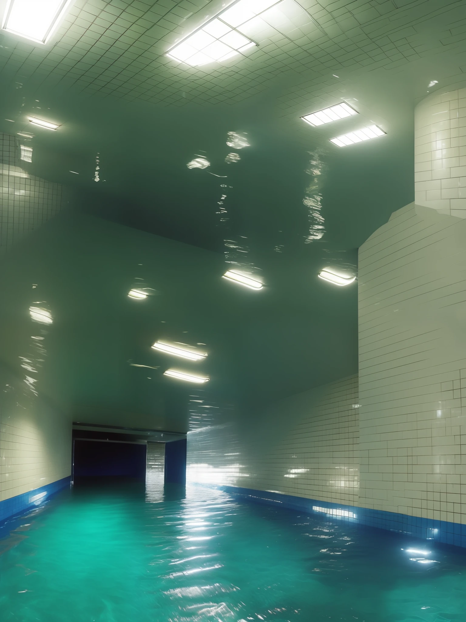 There is a pool with a blue water in a white tiled room - SeaArt AI