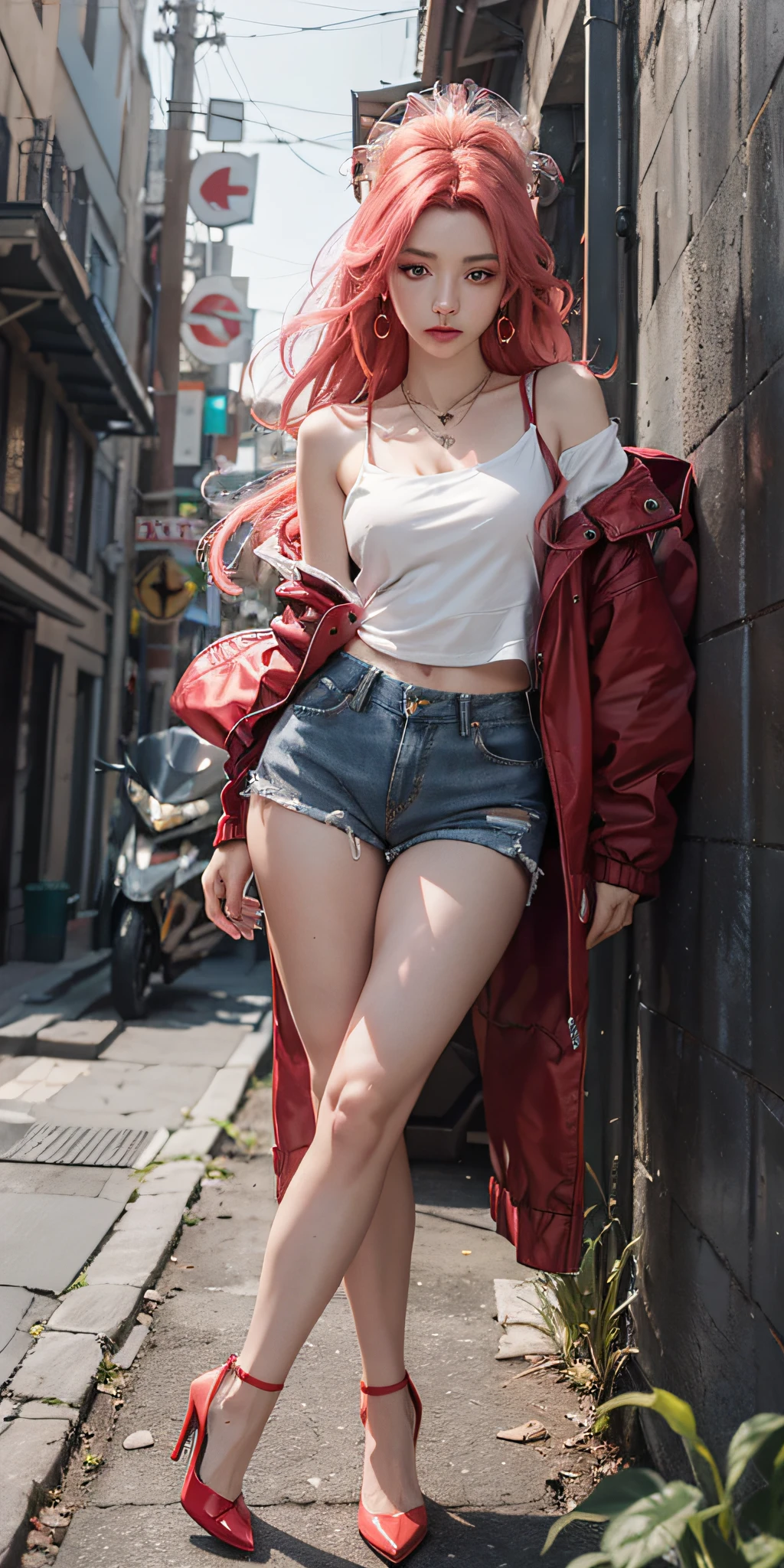 Arafed woman with red hair and red shoes leaning against a wall - SeaArt AI