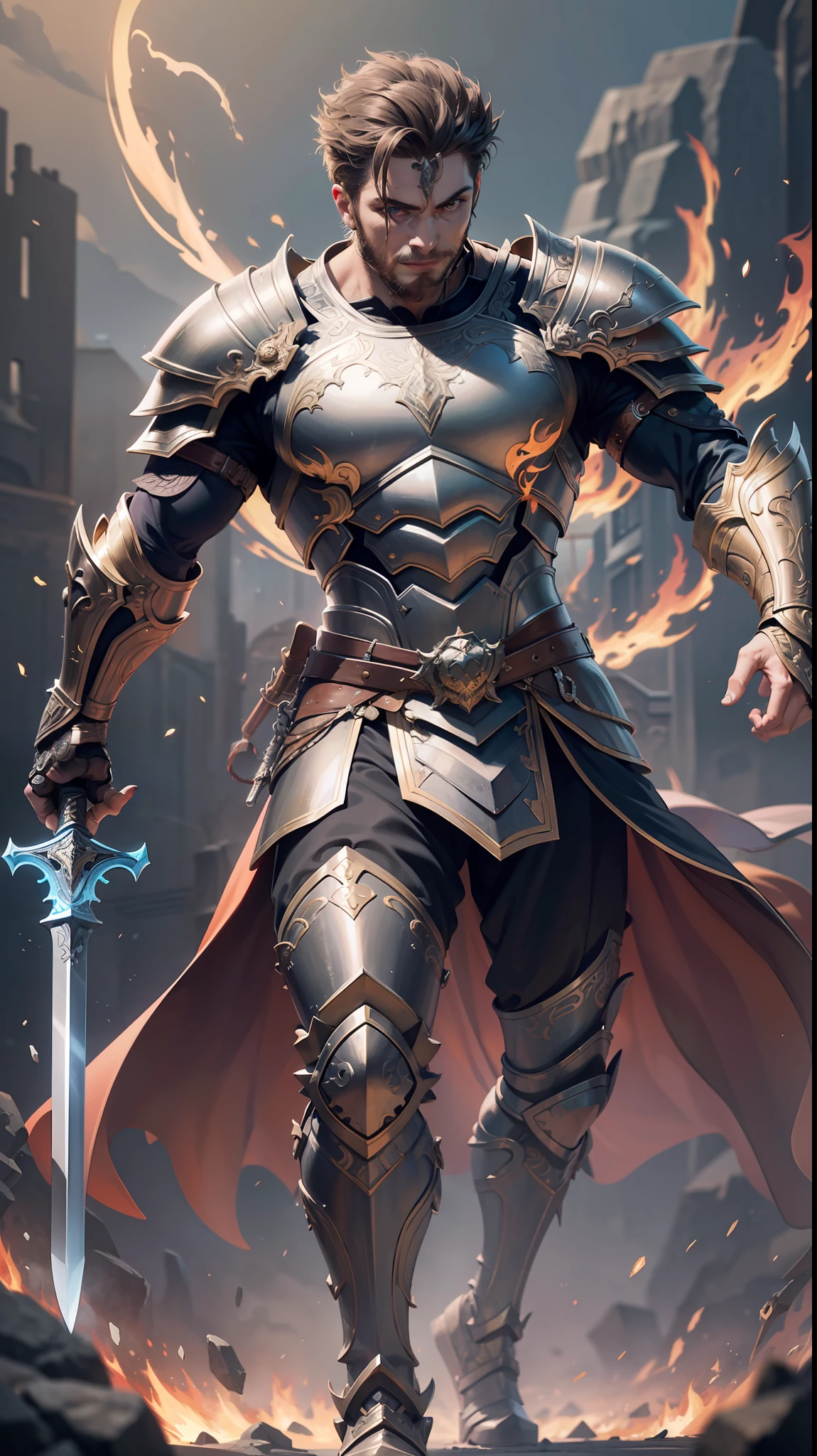 A man in armor holding a sword and standing in front of a castle ...
